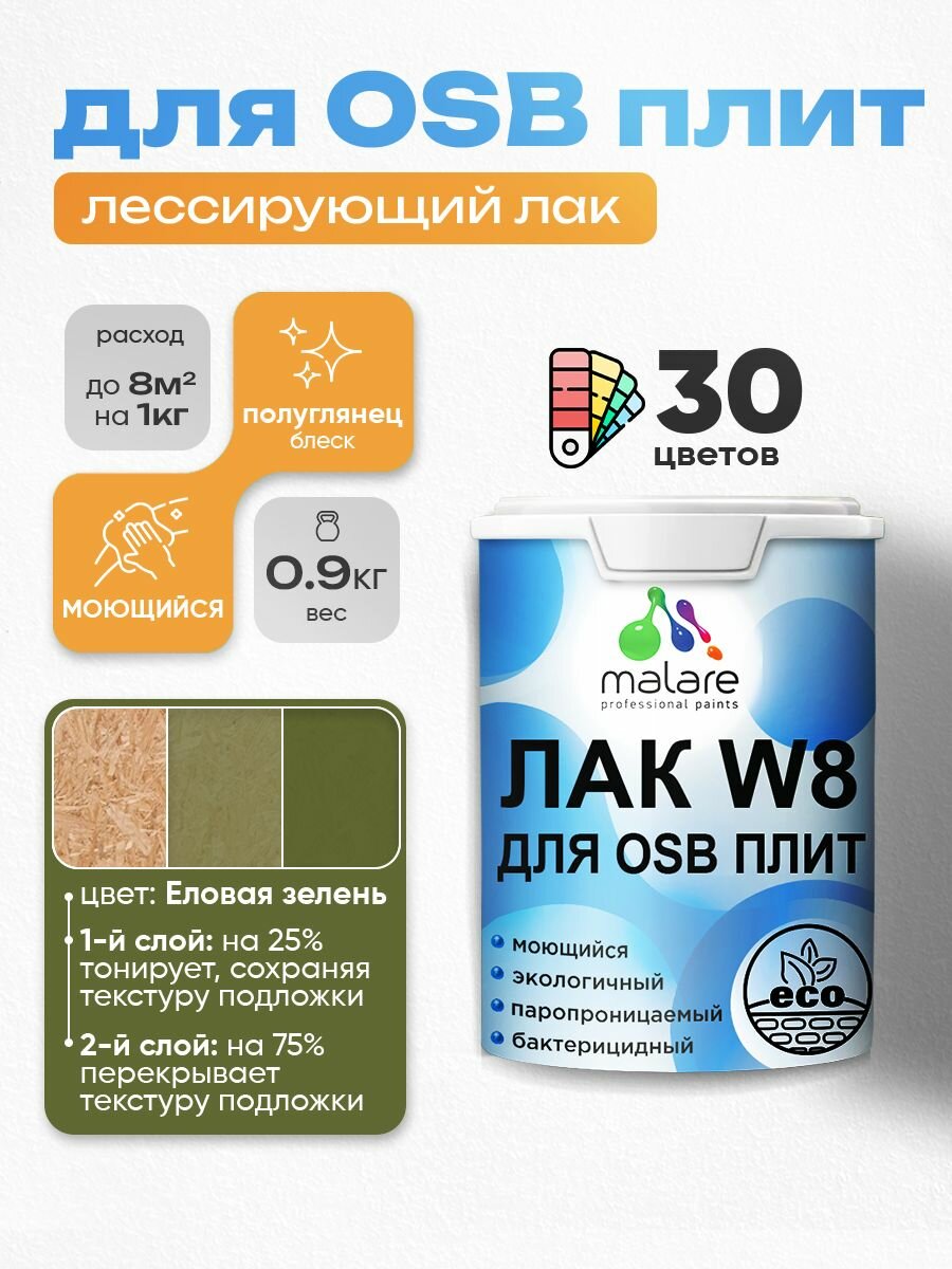 Лак колерованный тонирующий для защиты ОСБ плит Malare W8 для дерева и минеральных поверхностей, паропроницаемый водный без запаха, полуглянцевый, еловая зелень, 0.9 кг.