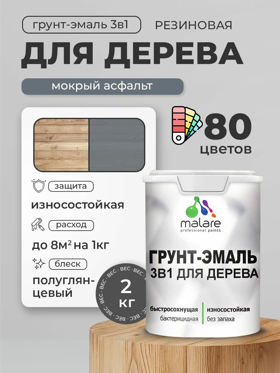 Резиновая Грунт-Эмаль 3 в 1 Malare для деревянных поверхностей/ краска по дереву с антисептическим эффектом/ быстросохнущая моющаяся без запаха полуглянцевая, мокрый асфальт, 2 кг