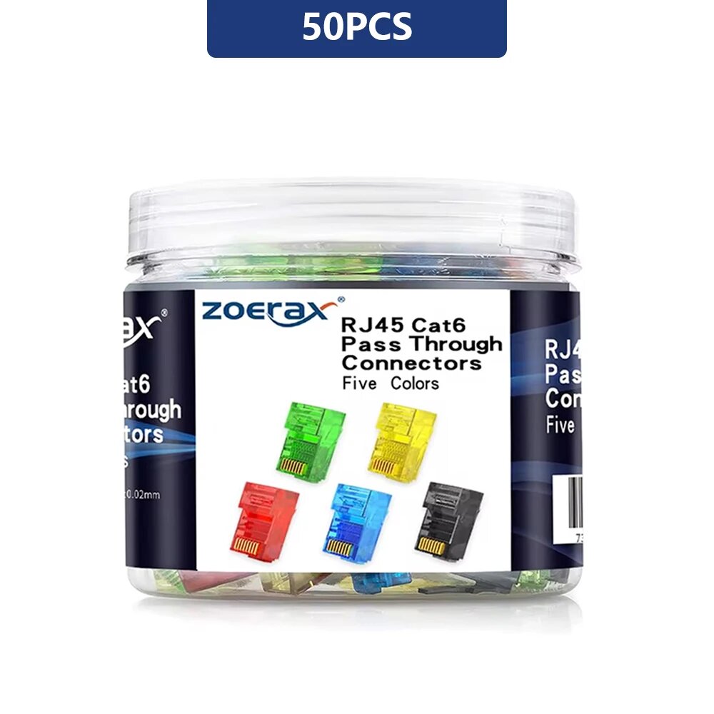 ZoeRax RJ45 Cat6 проходные коннекторы, 50шт, Mix Colors