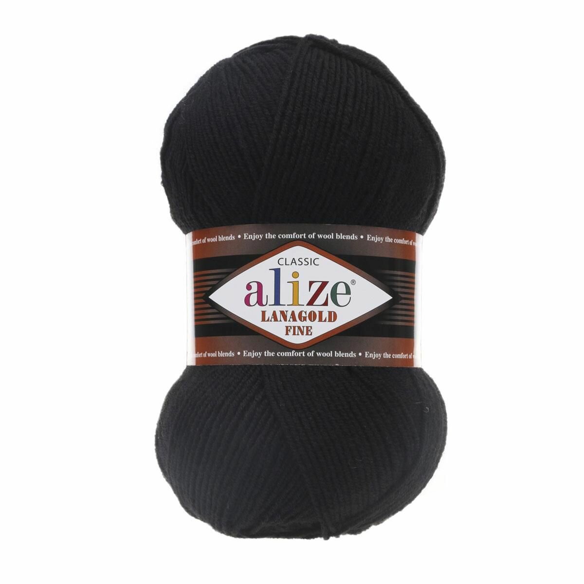 Пряжа ALIZE "Lanagold fine", 100 гр 390 м, 49% шерсть, 51% акрил, 60 черный, 5 шт