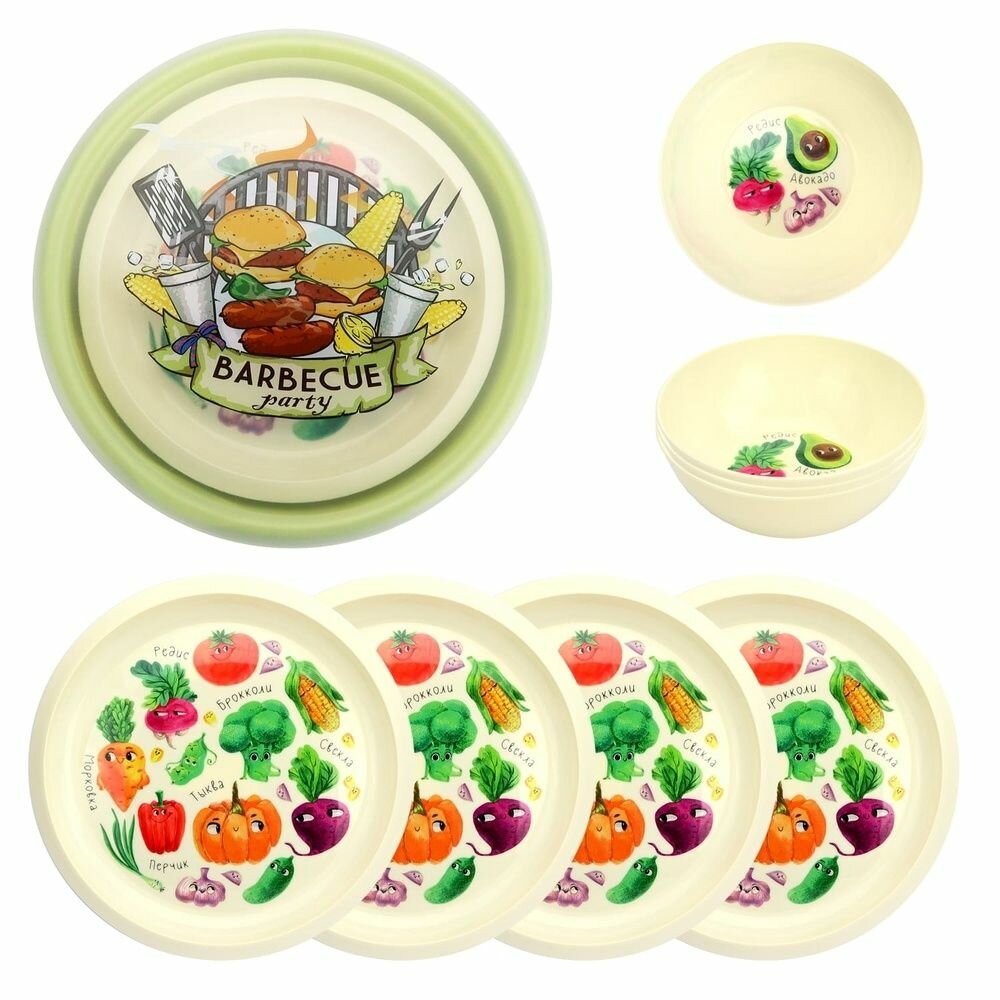 Набор пластиковой посуды ND Play "Веселые овощи", в миске 3,2 л с крышкой, 4 тарелки 215 мм, 4 миски 130 мм (307143)