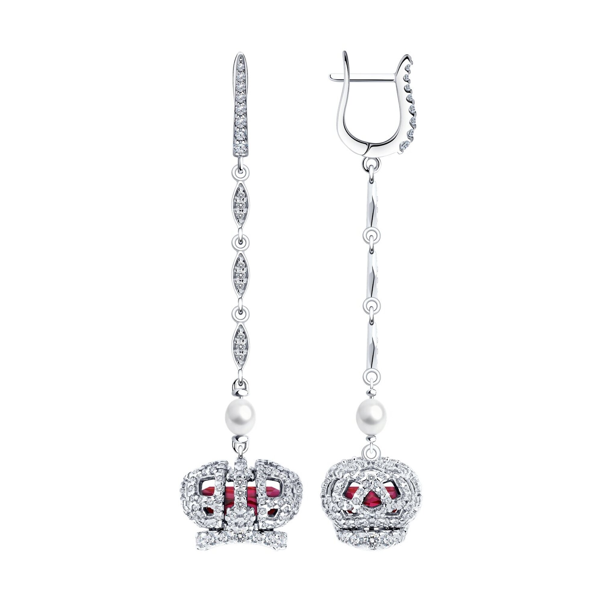 Серьги, серебро, 925 проба, родирование, жемчуг, фианит, корунд