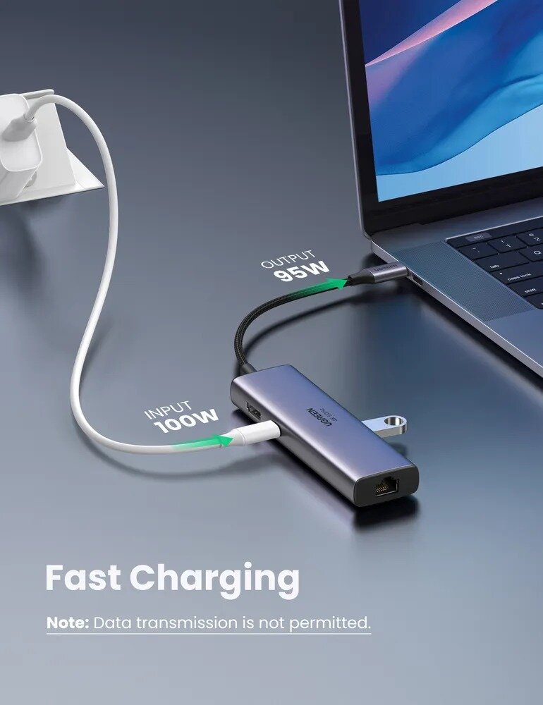 Адаптер UGREEN CM512, 7 в 1 конвертер MicroSD, Rj-45 переходник Type-c, HDMI серый — фото 1