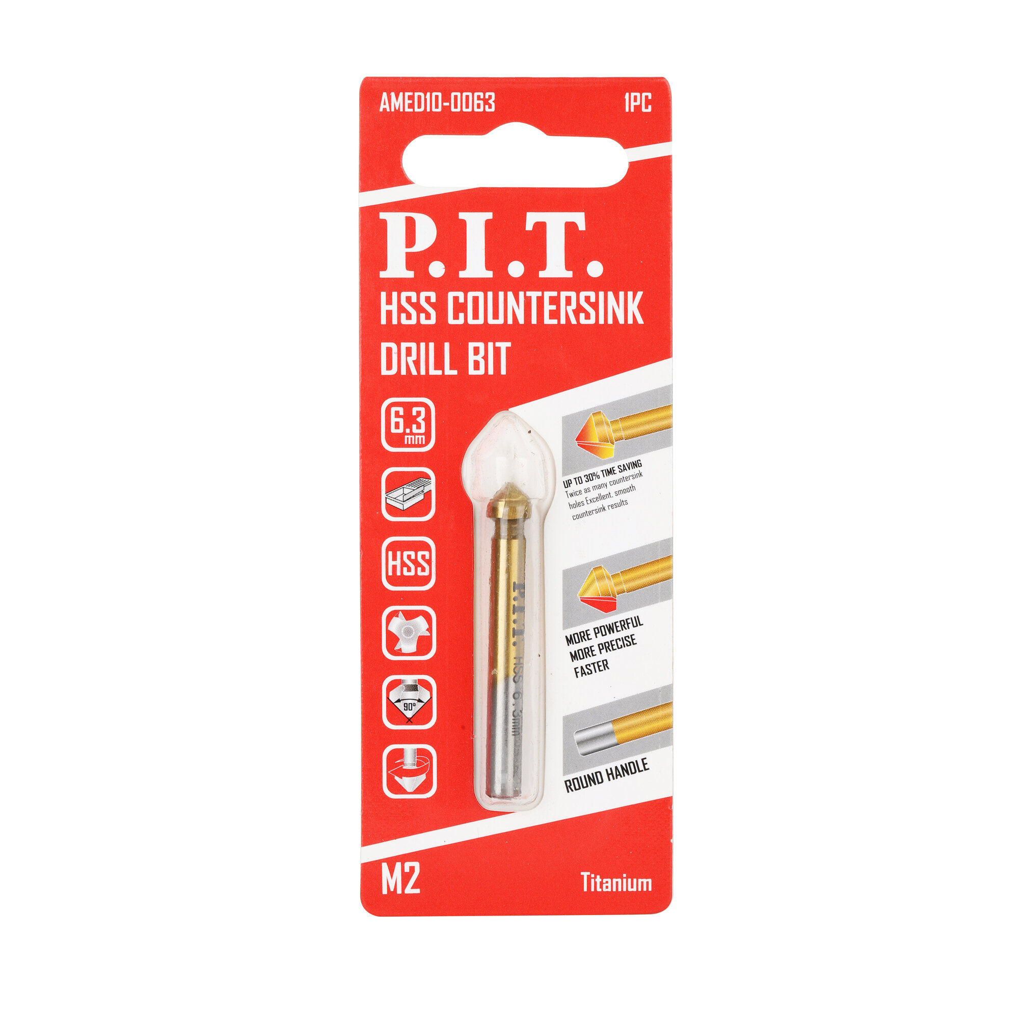 Сверло-зенковка по металлу с титановым покрытием P.I.T. Ø6,3x45мм, 3 кромки, хв. 5мм (AMED10-0063)