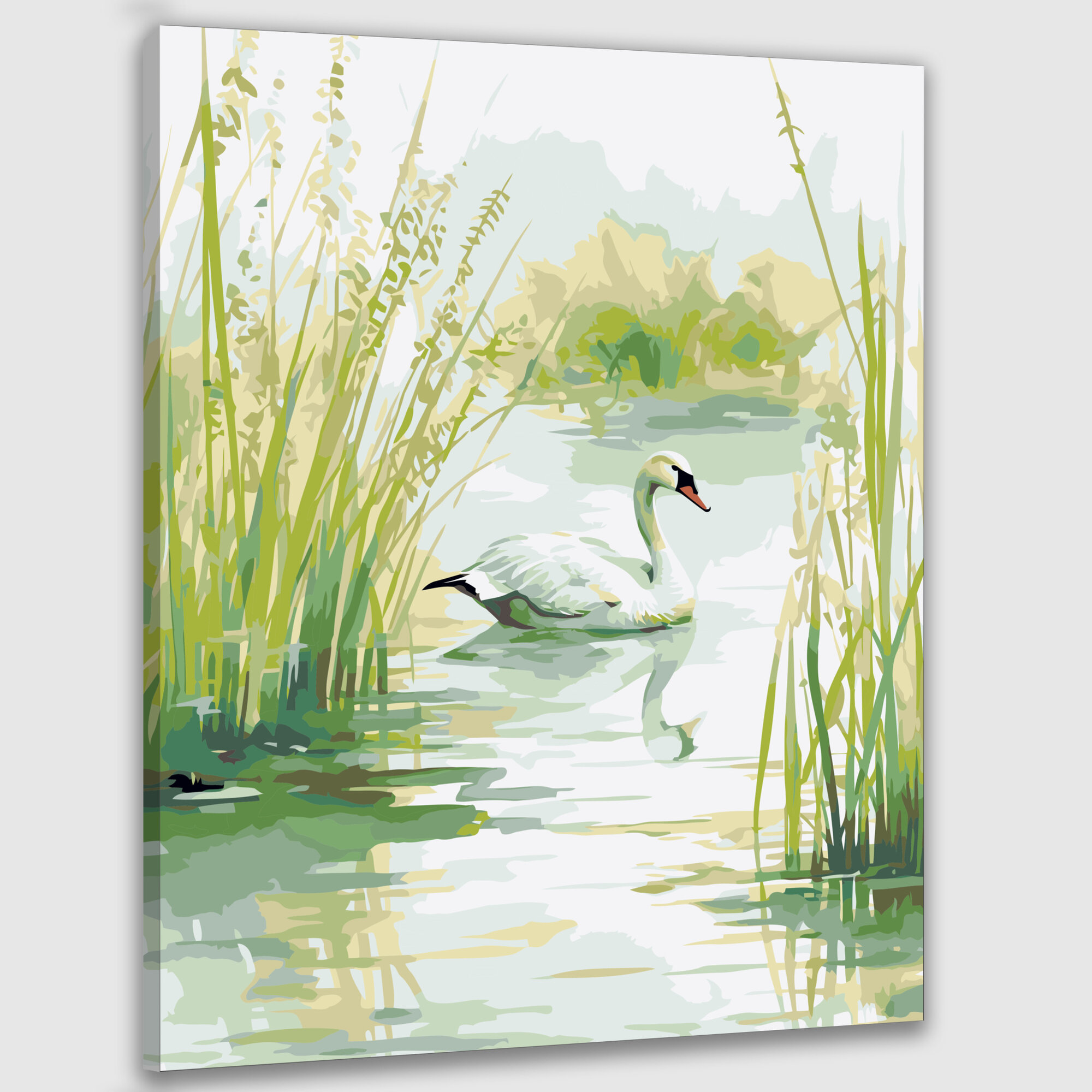 Картина по номерам 40x50 см, акварельная иллюстрация, гусь, озеро, зелень, камыши, яркие цвета, нежные мазки, жизнь