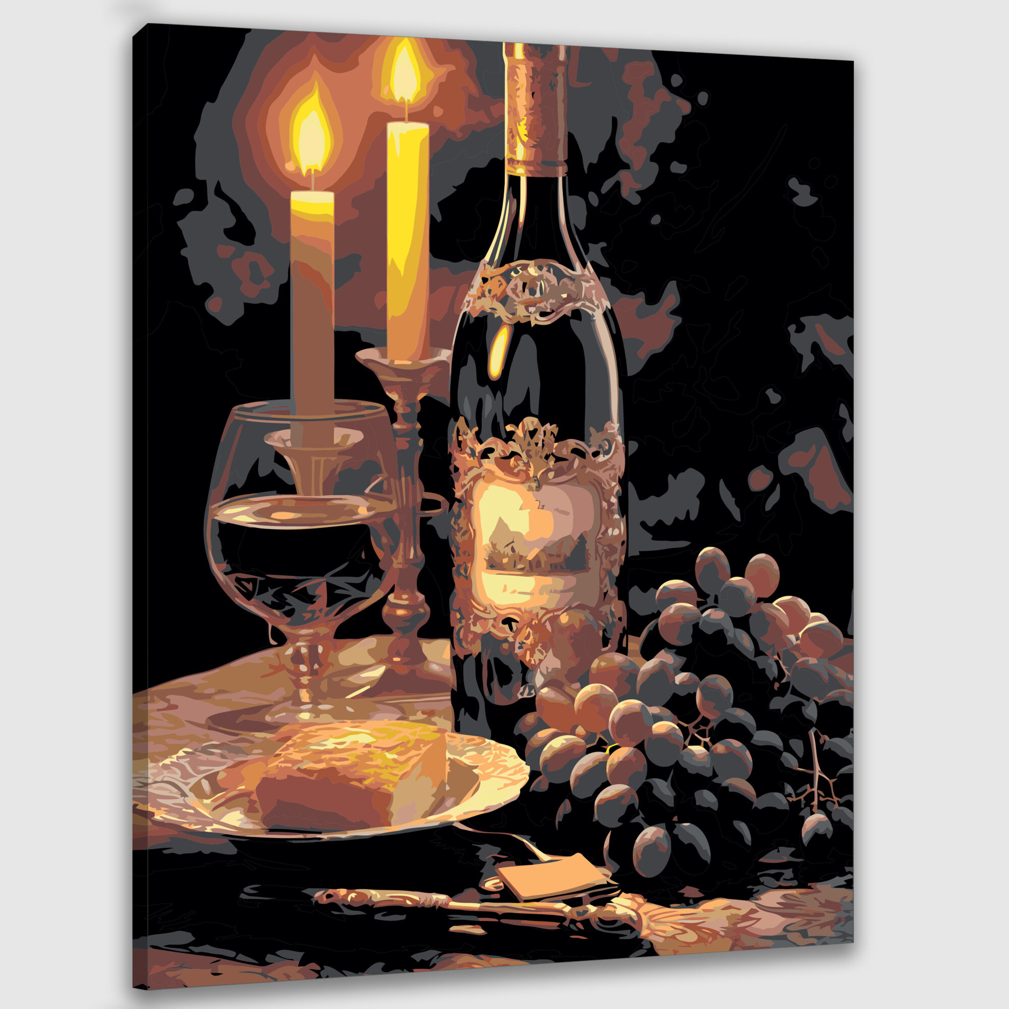 Картина по номерам 40x50 см, вино, бутылка, элегантность, винтажный стиль, этикетки, витиеватые детали, стол