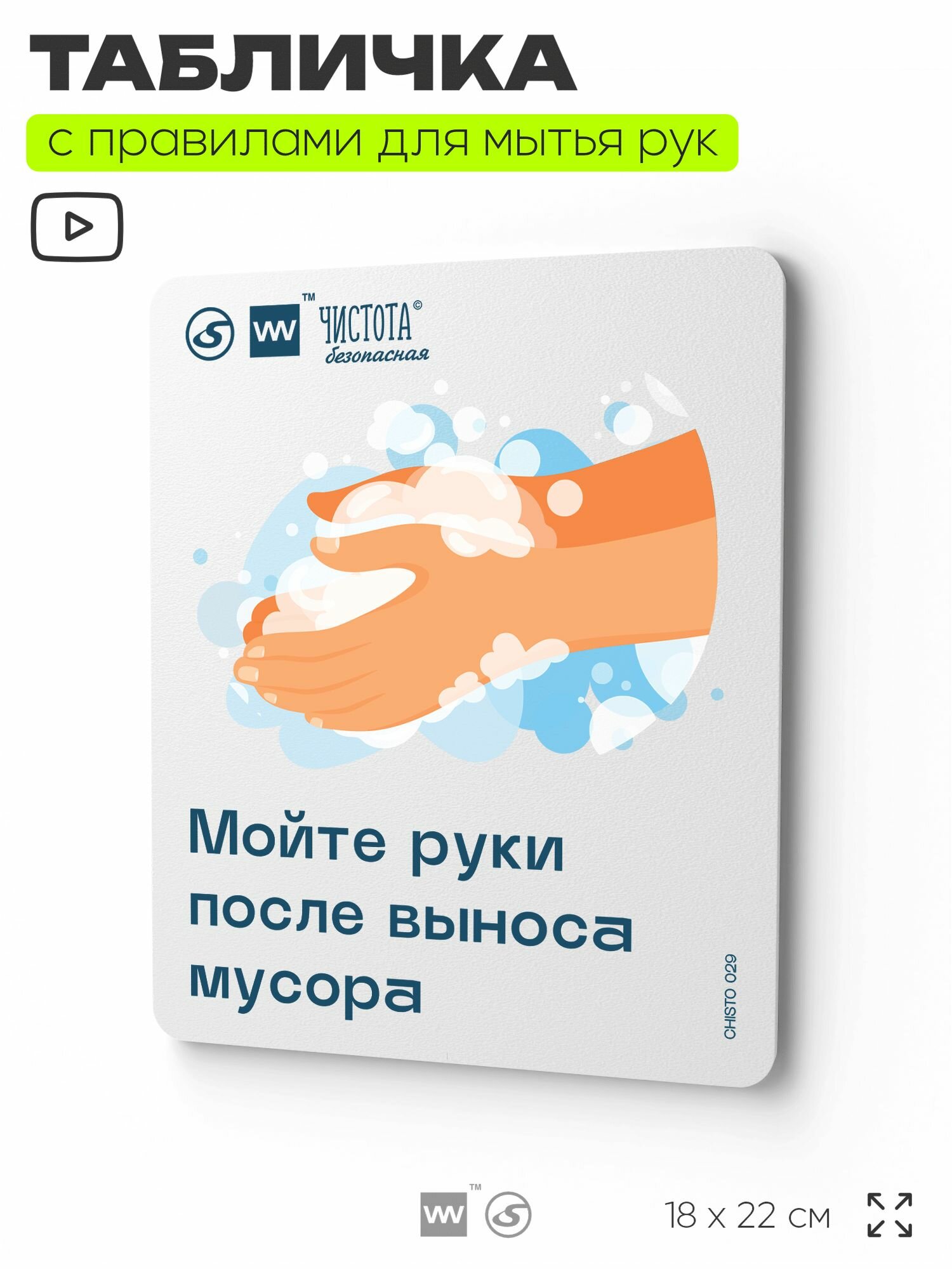 Табличка на стену "Мойте руки после выноса мусора", информационная предписывающая, 18х22 см, пластиковая, SilverPlane x Айдентика Технолоджи