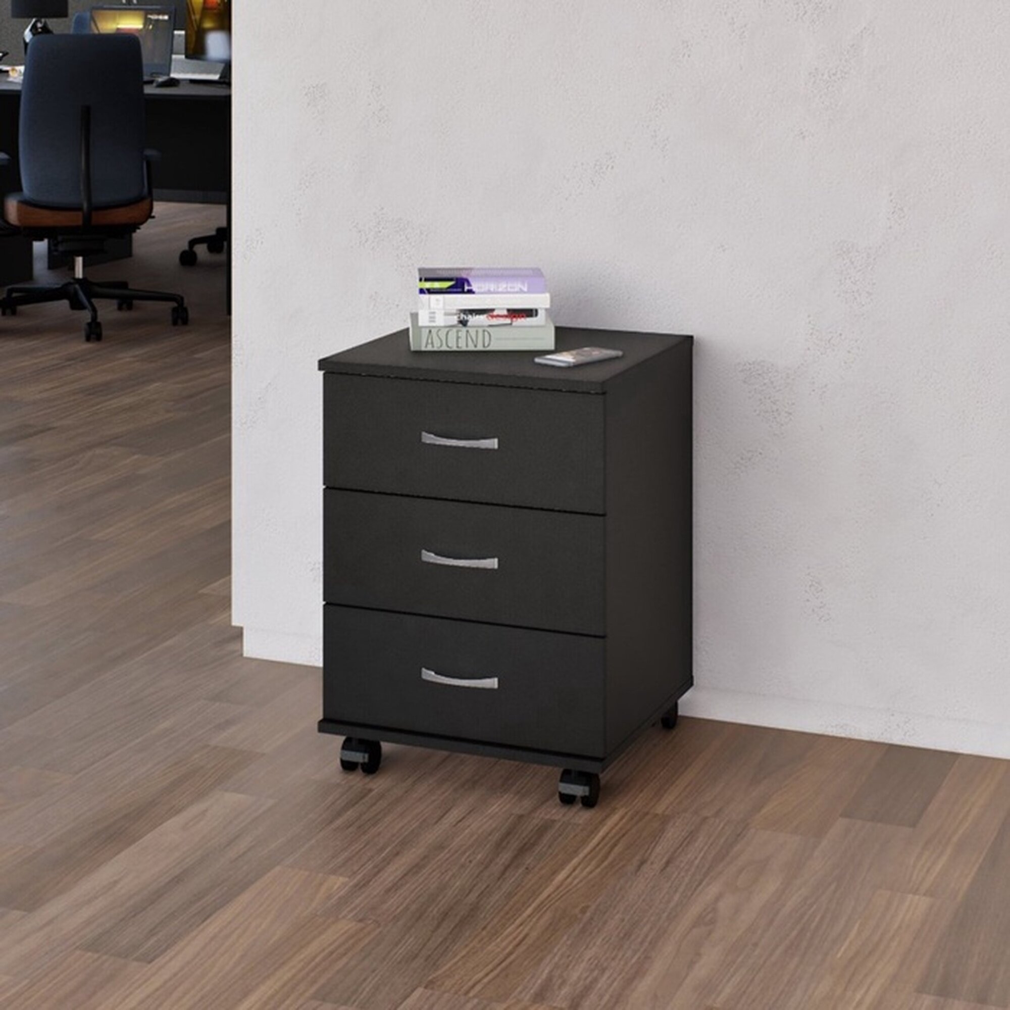 Тумба подкатная Меб-фф Джамп, ЛДСП, 3 ящика, на колесиках, черная