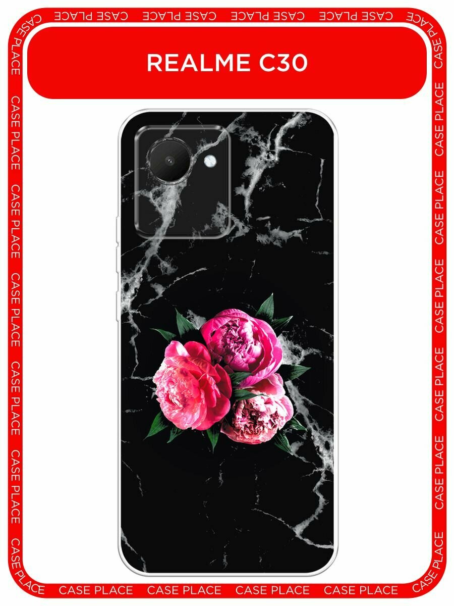 Чехол на Realme C30 / Реалми C30 с принтом "Букет на черном мраморе"