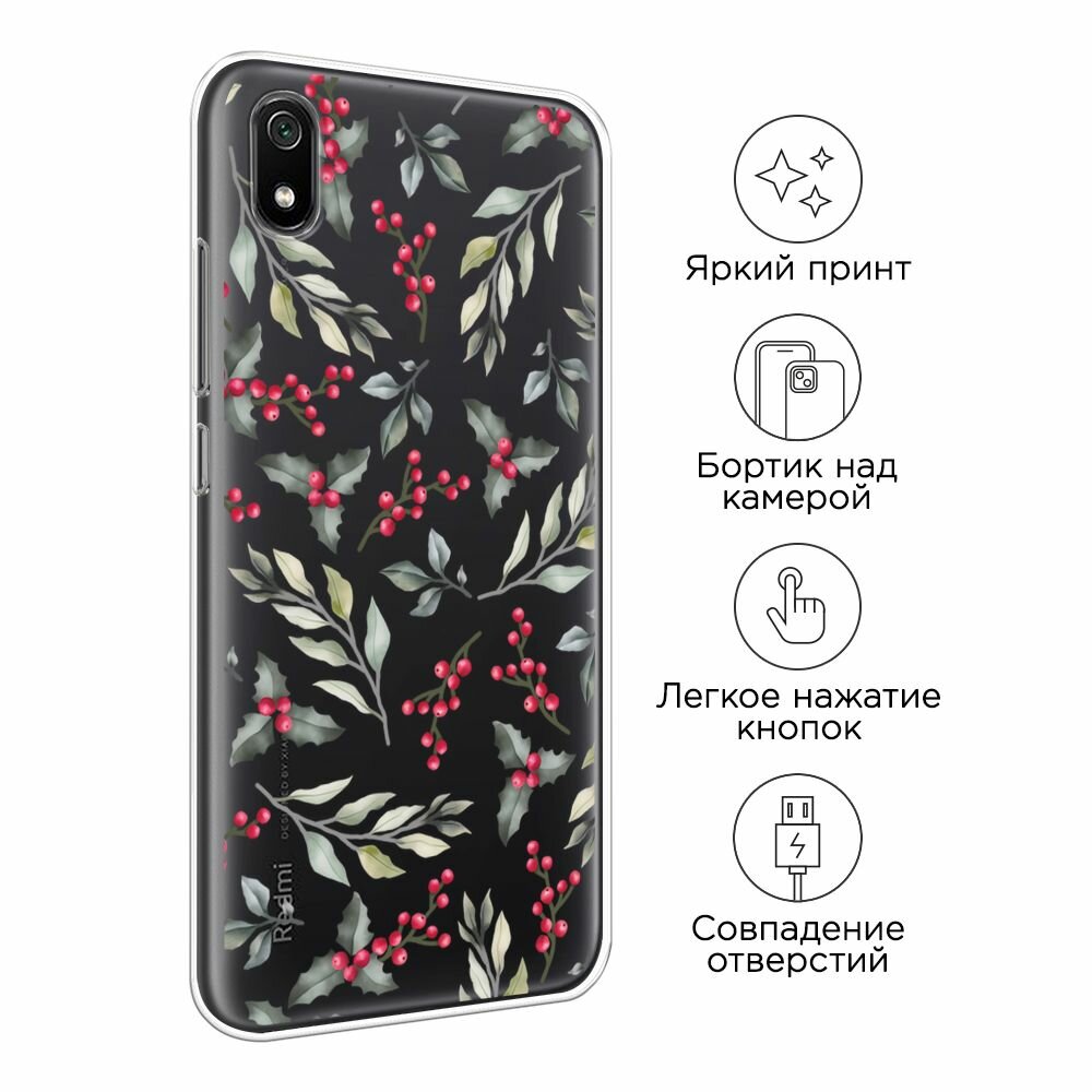 Чехол на Xiaomi Redmi 7A / Сяоми Редми 7А с принтом Зимние ягоды паттерн, прозрачный — фото 1