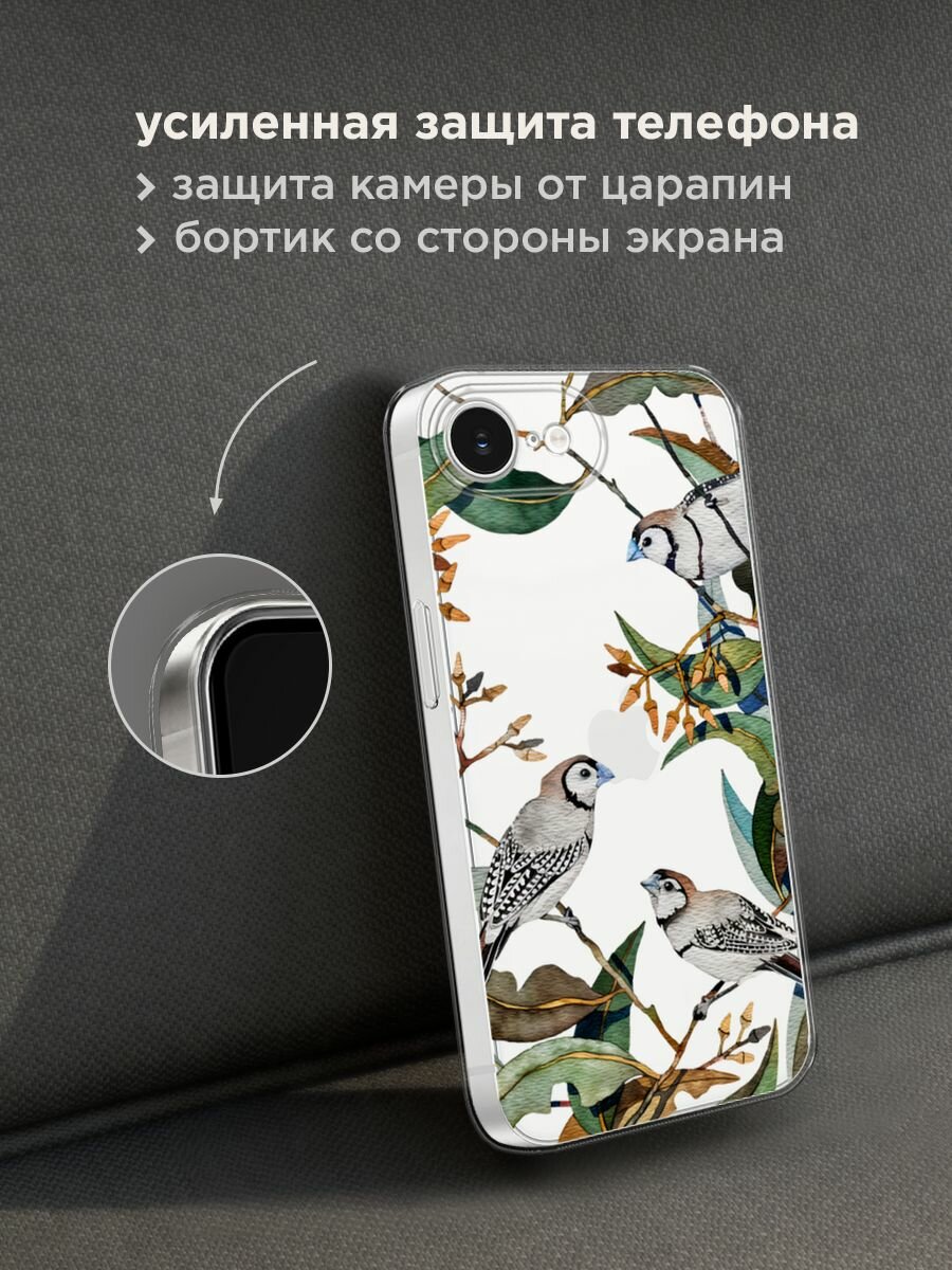 Чехол на Apple iPhone 16e/17e / Айфон 16е/17e с принтом "Птицы в листве", прозрачный — фото 1