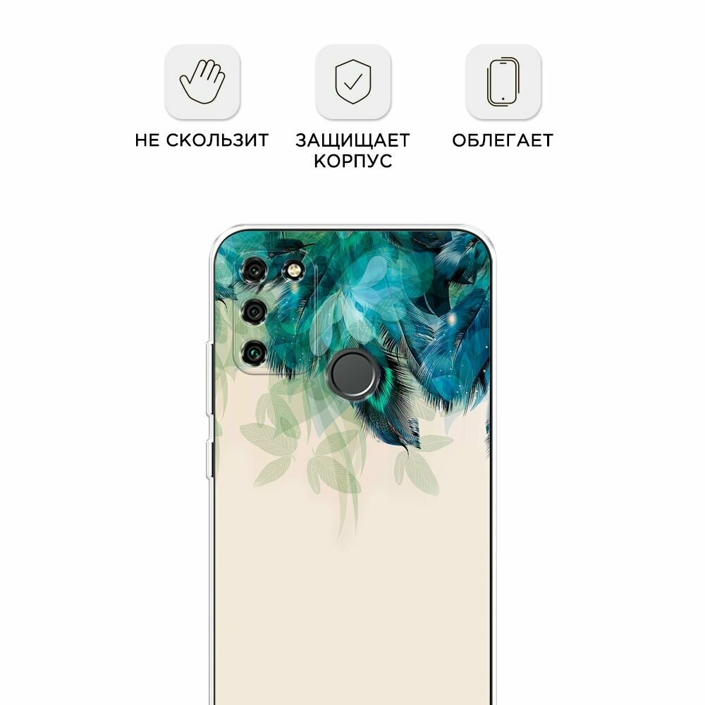 Силиконовый чехол на Honor 9A / Хонор 9А с принтом Перья голубого цвета — фото 1