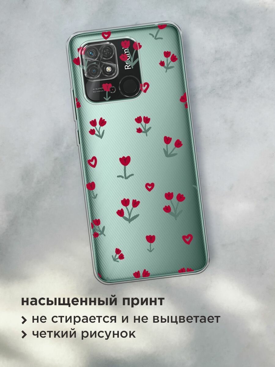 Чехол на Xiaomi Redmi 10C / Сяоми Редми 10C с принтом "Красные тюльпанчики", прозрачный — фото 1