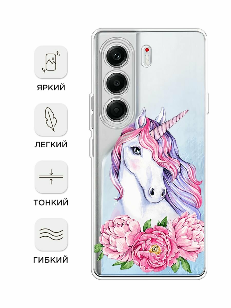 Чехол на Tecno Camon 40 Pro / Текно Камон 40 Про с принтом "Единорог с пионами", прозрачный — фото 1