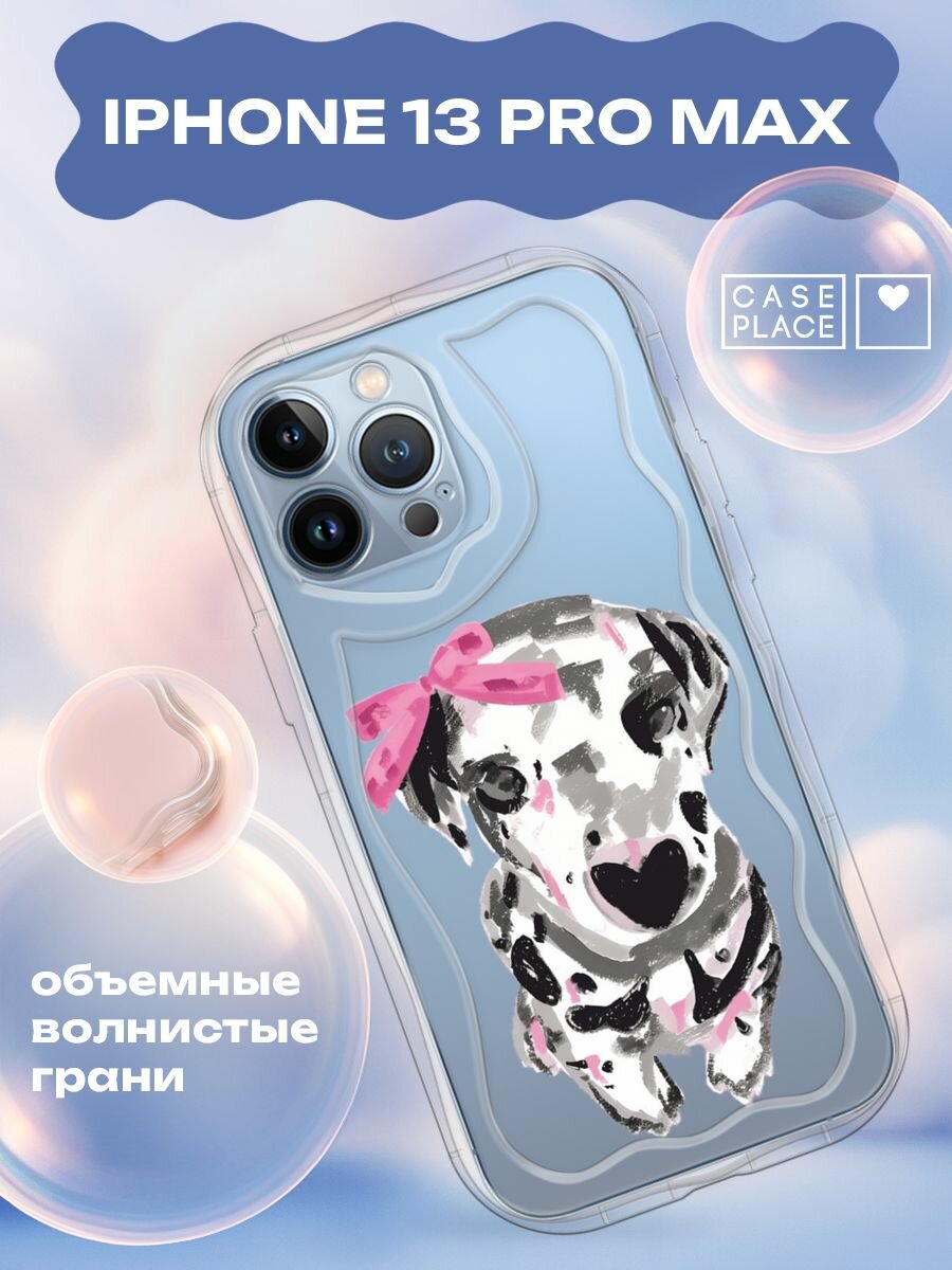 Чехол на Apple iPhone 13 Pro Max / Айфон 13 Про Макс с принтом "Далматинец с бантиком 3"