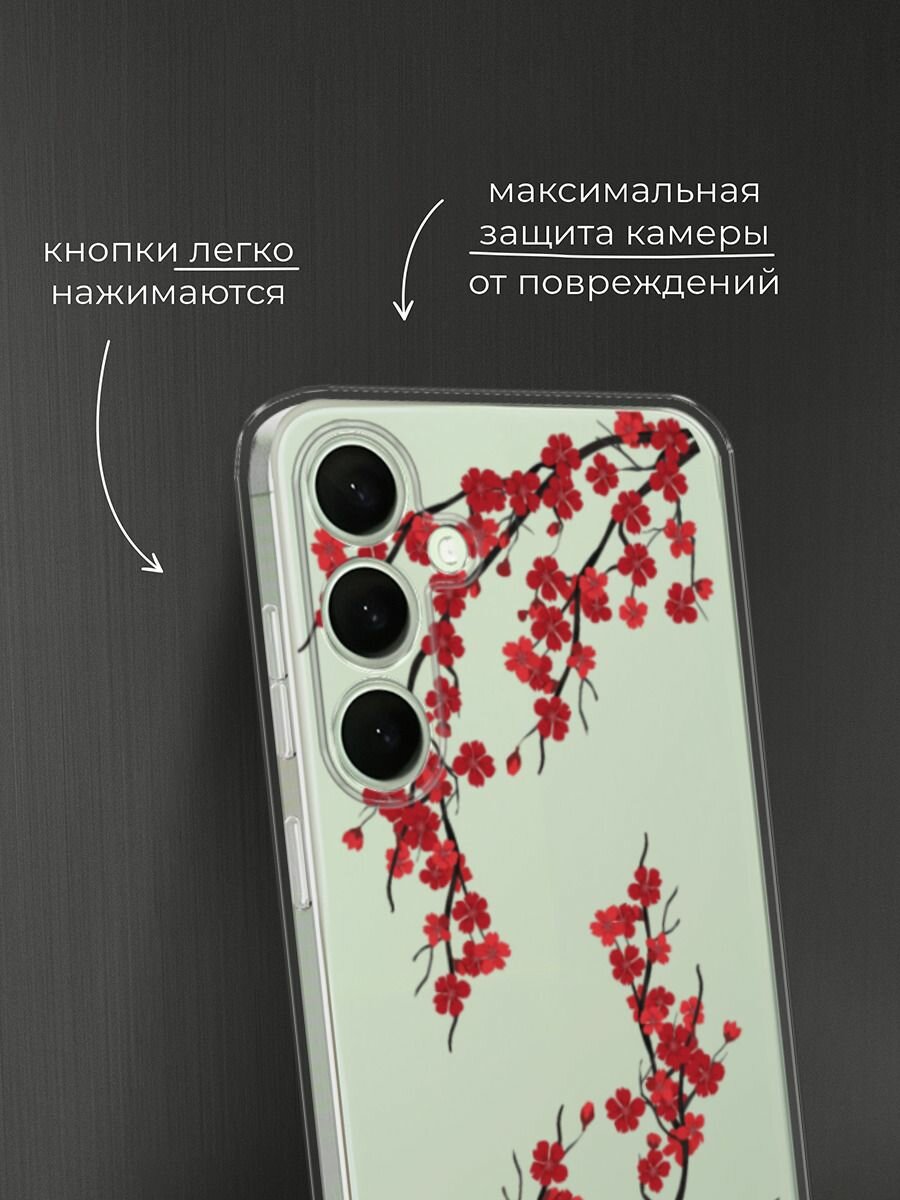 Чехол на Samsung Galaxy S25 Plus / Самсунг S25 Плюс с принтом "Красная сакура", прозрачный — фото 1