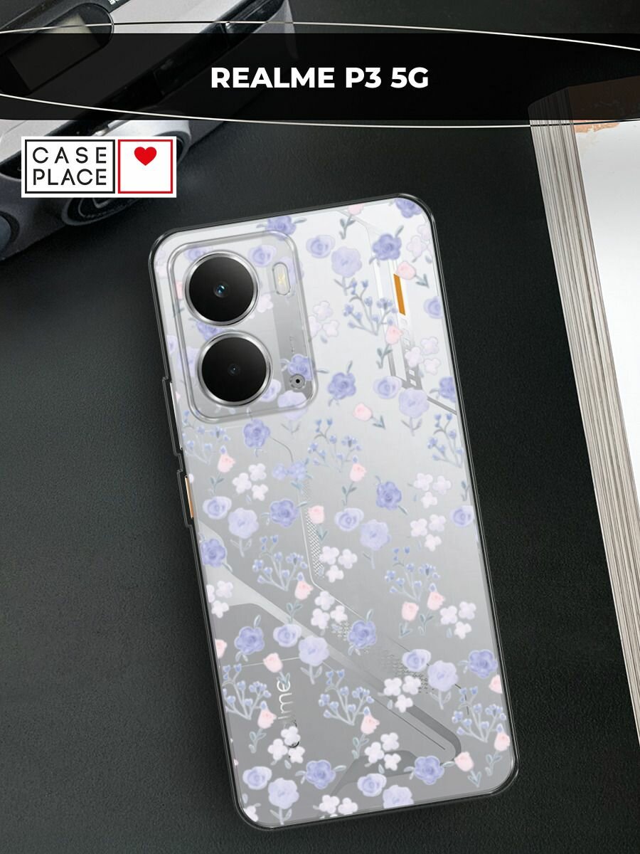 Чехол на Realme P3 5G / Реалми P3 5G с принтом "Сиреневые розы паттерн", прозрачный