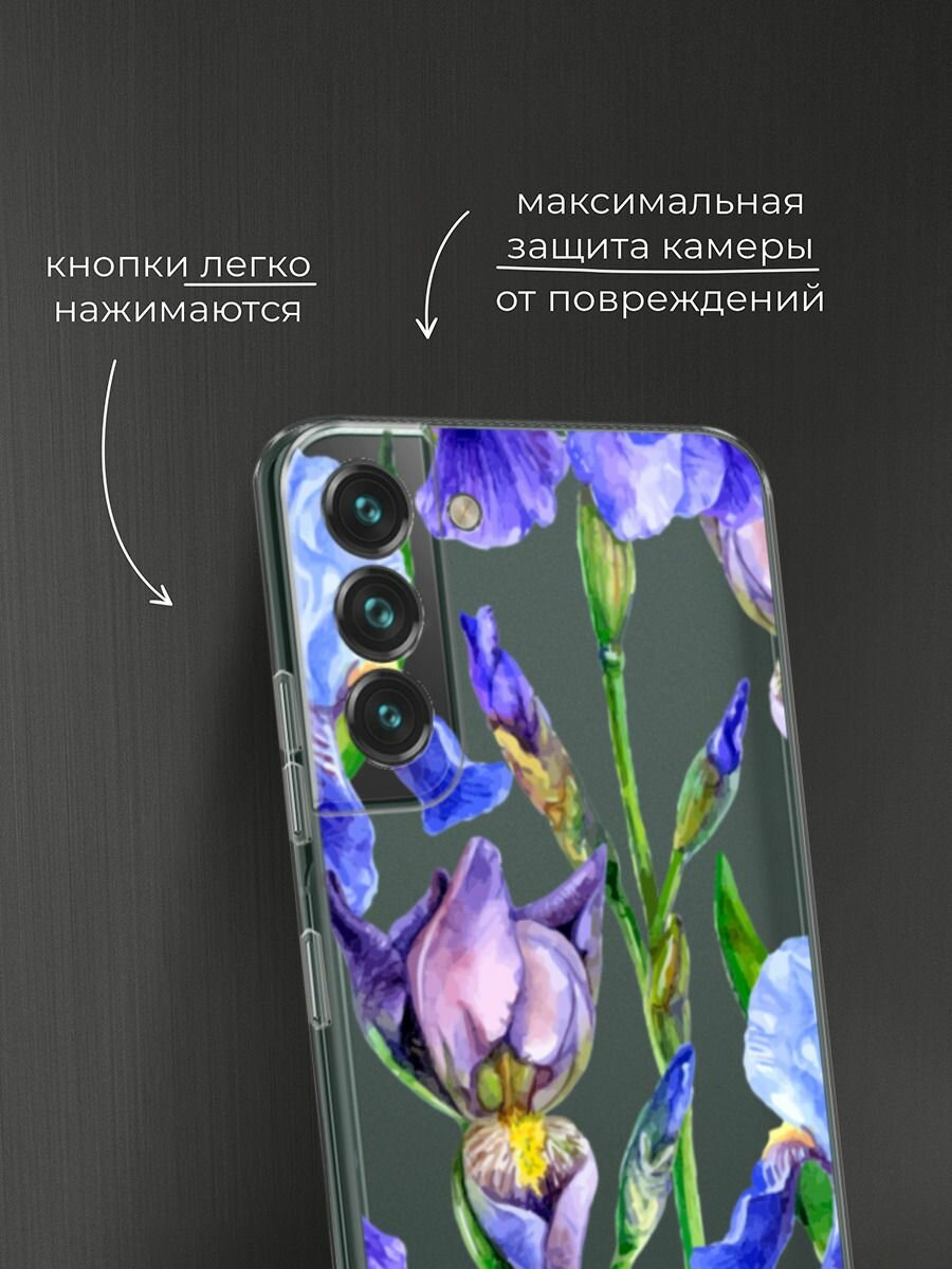 Чехол на Samsung Galaxy S22 + / Самсунг Галакси S22 Плюс с принтом "Синие ирисы", прозрачный — фото 1