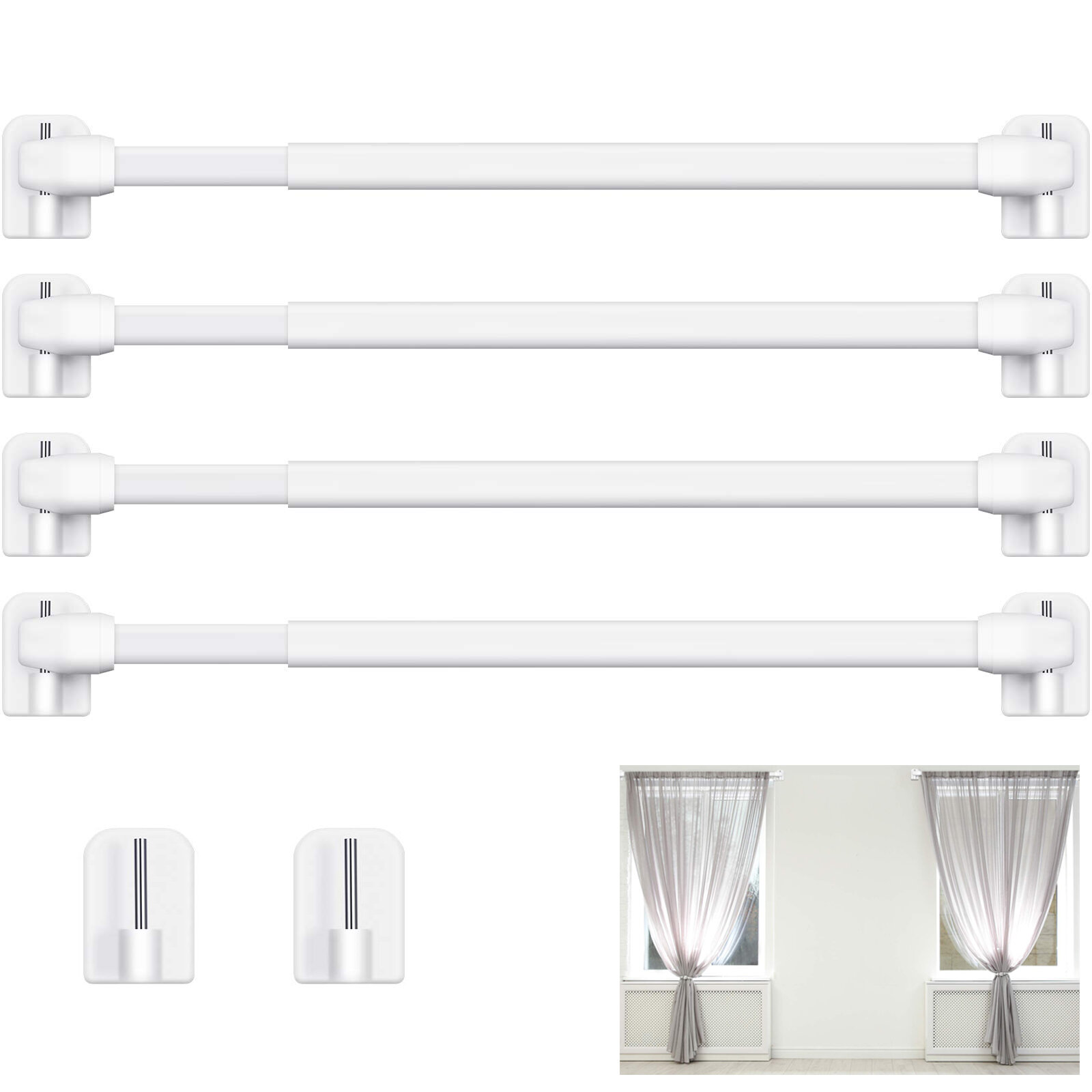 4 шт. Тension Rod для штор Extendable Cupboard Bars Adjustable Plastic Curtain Rod с 10 шт. Self Adhesive Hooks для дома ванной гостиницы, Белый (15.7 до 27.5 дюймов), пластик, длина 40-70 см, крючки 2.8x1.9 см