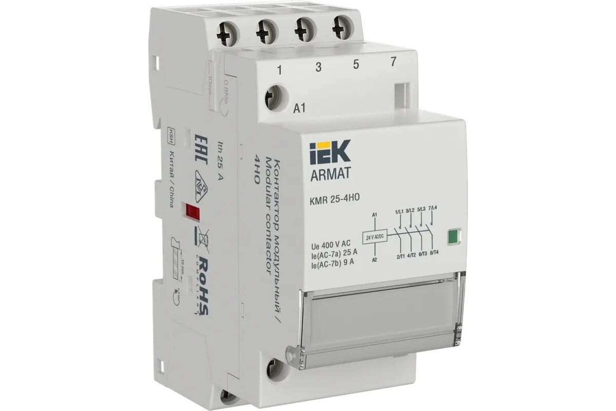 IEK ARMAT KMR 25A модульный контактор 24В AC/DC 4НО AR-KMR20-025-40-024 на DIN-рейке