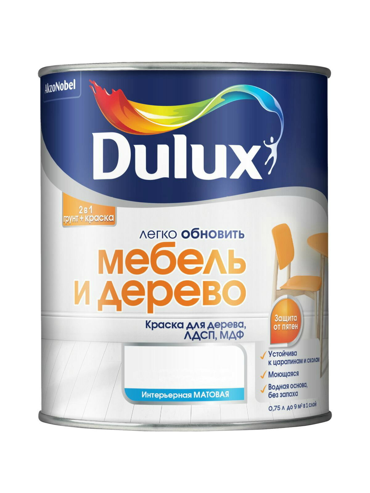 Краска водно-дисперсионная DULUX Мебель и Дерево, база BW, 0.75 л, белая, арт. 5327291