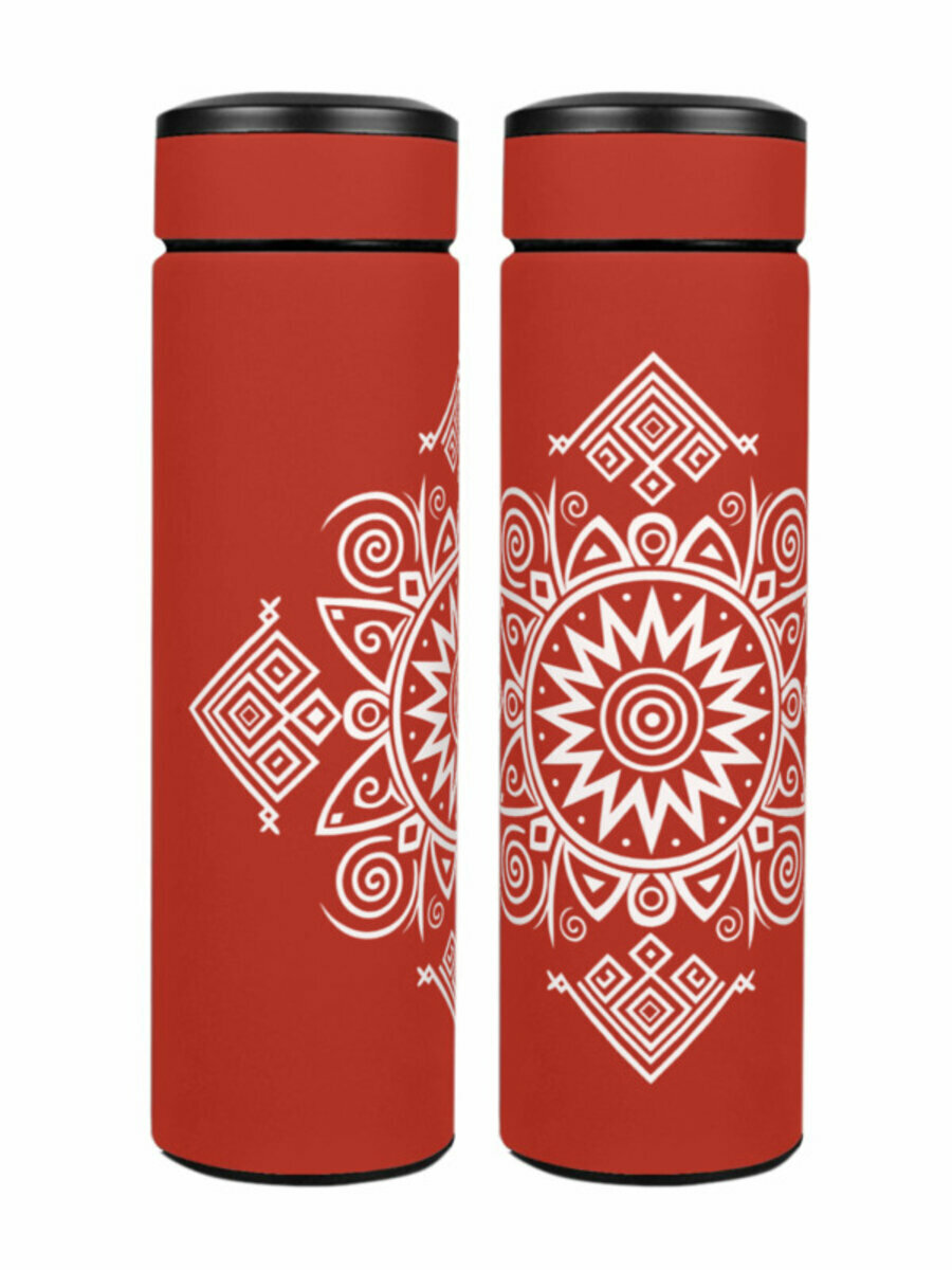 Термос «Солнце. Славянский узор, абстракция, оберег» (красный)