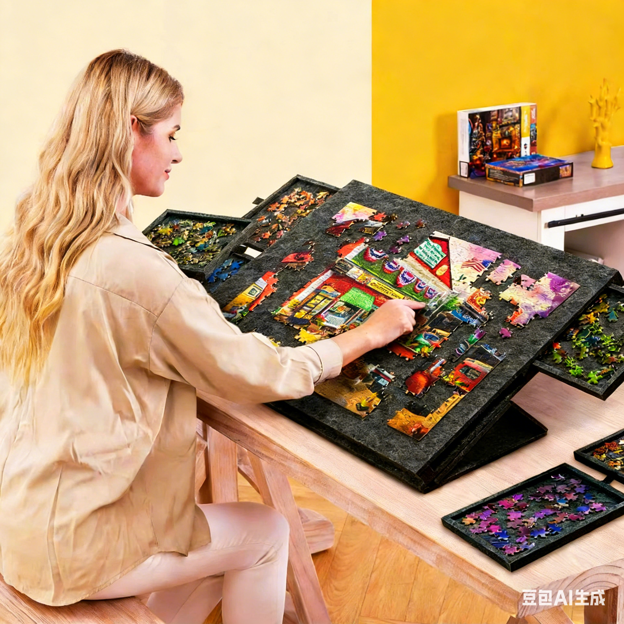 Коврик-стол для пазлов с ящиками, Стол коврик для сборки пазлов, чёрно-серая