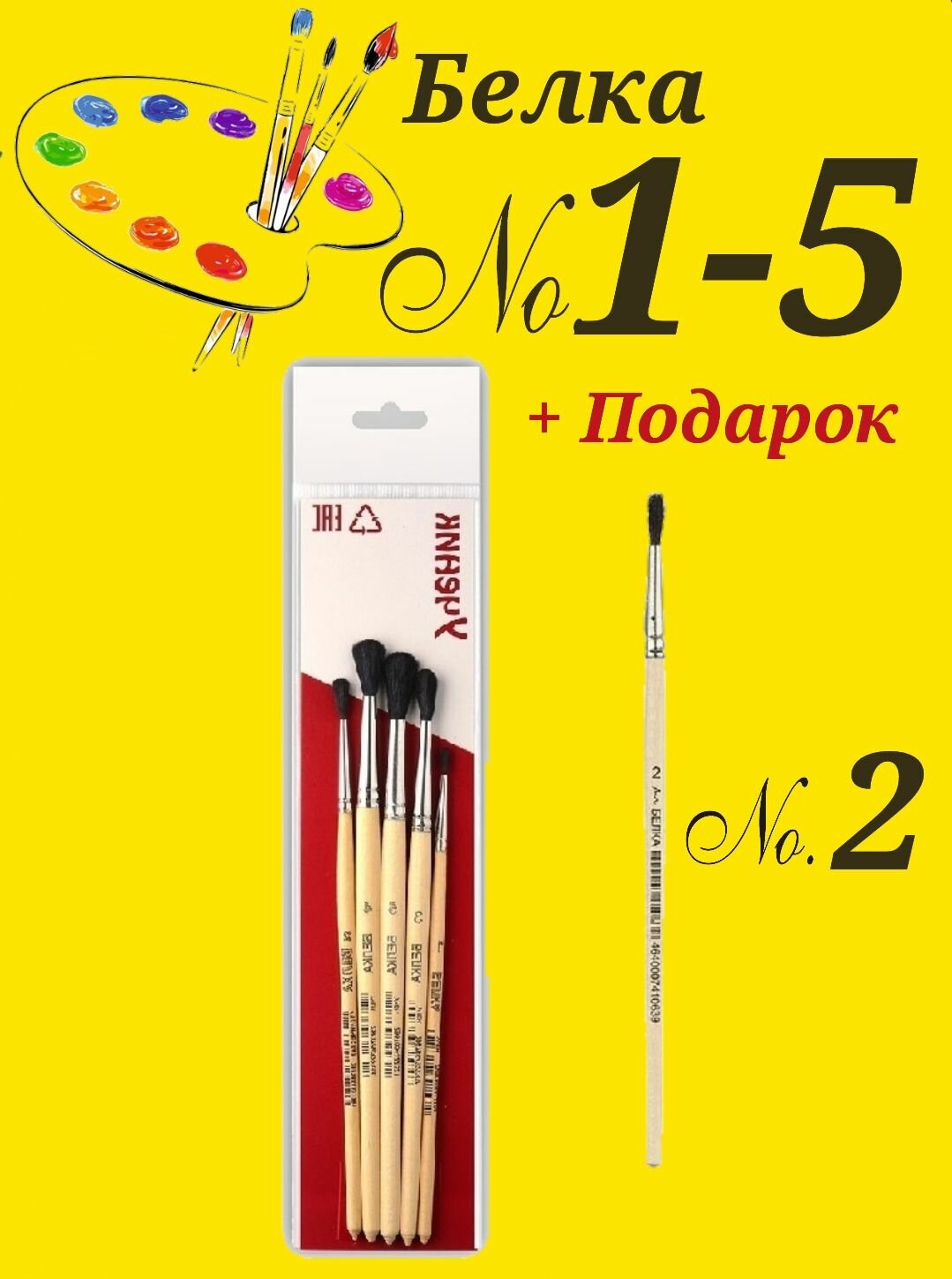 Набор кистей "Ученик" Белка №1,2,3,4,5 + подарок кисть белка №2