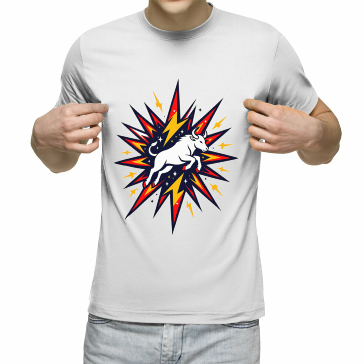 Мужская футболка «Воинственный бык в атаке» (белый, 2XL)