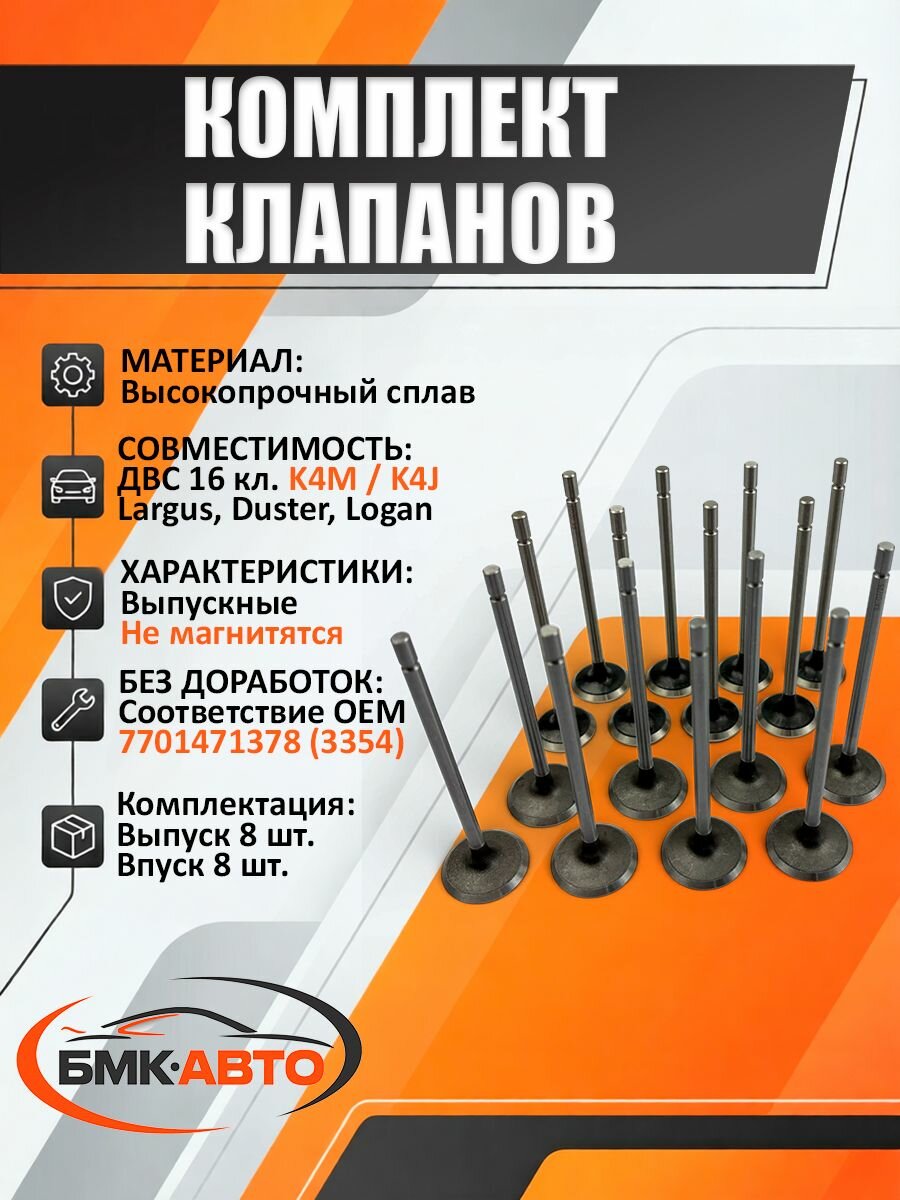 Комплект клапанов 8x8 впуск и выпуск 7701471378 (3354) K4M / K4J Lada Largus, Renault Captur, Duster, Sandero, Logan бмк-авто