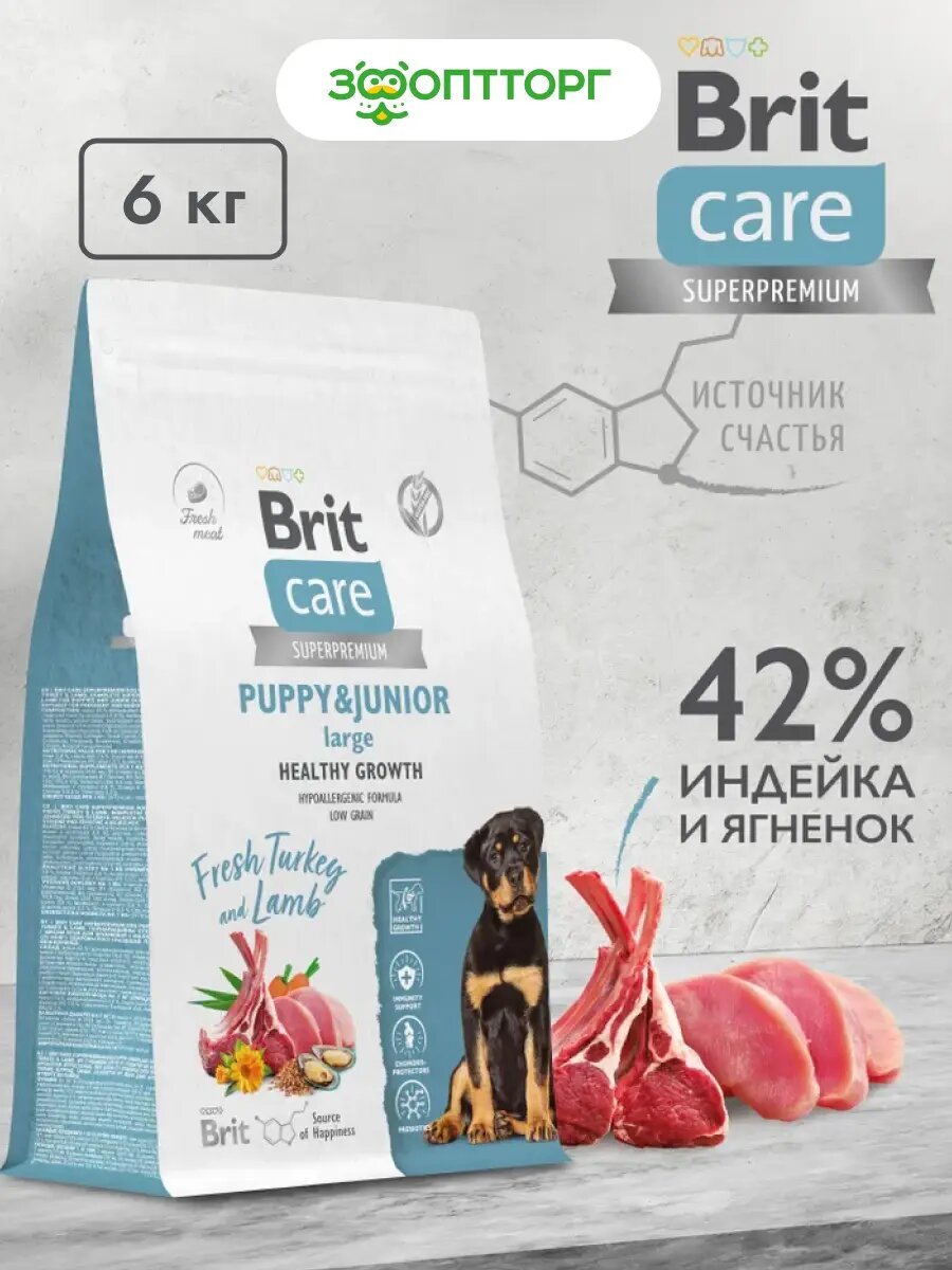Сухой корм Brit Care Dog Puppy&Junior Healthy Growth для щенков и молодых собак крупных пород Индейка и ягненок, 3 кг х 2 шт.