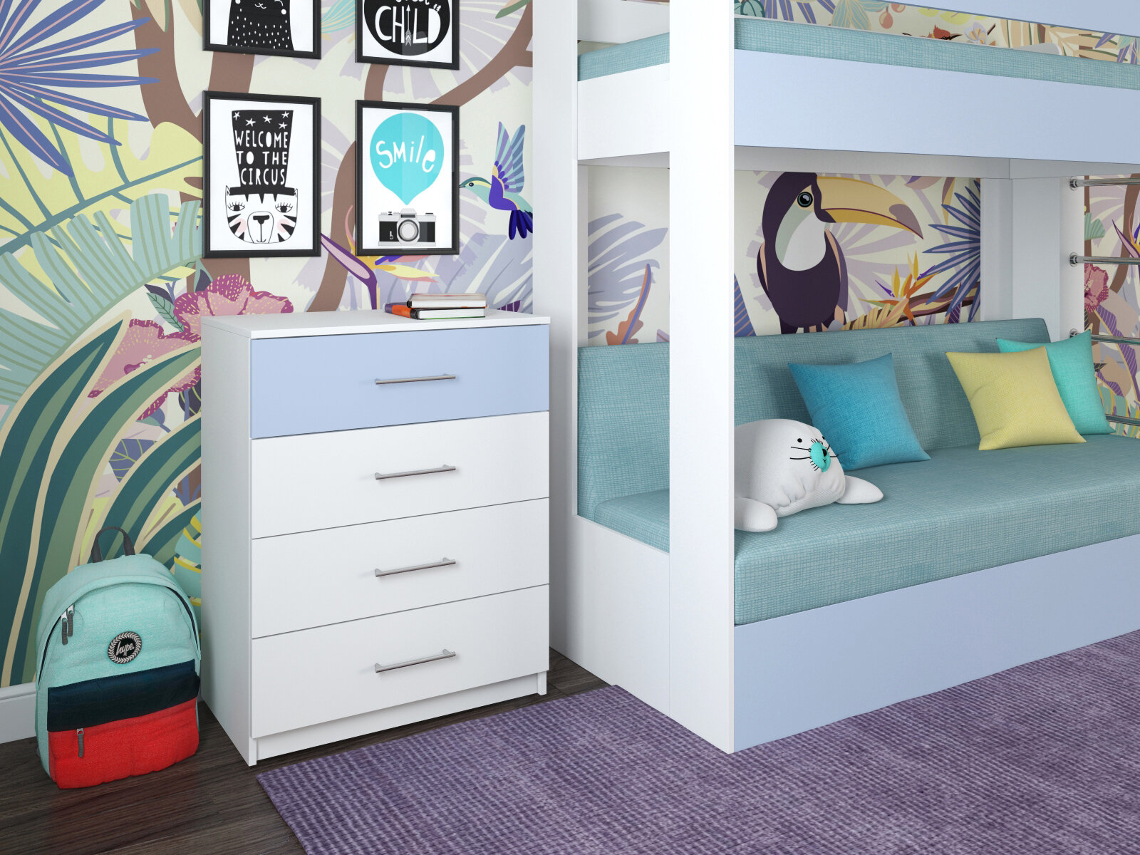 Комод с ящиками в детскую, в спальню, Есэндвич квадро Лаворо, 70x43х89 см (Белый/Серенити)