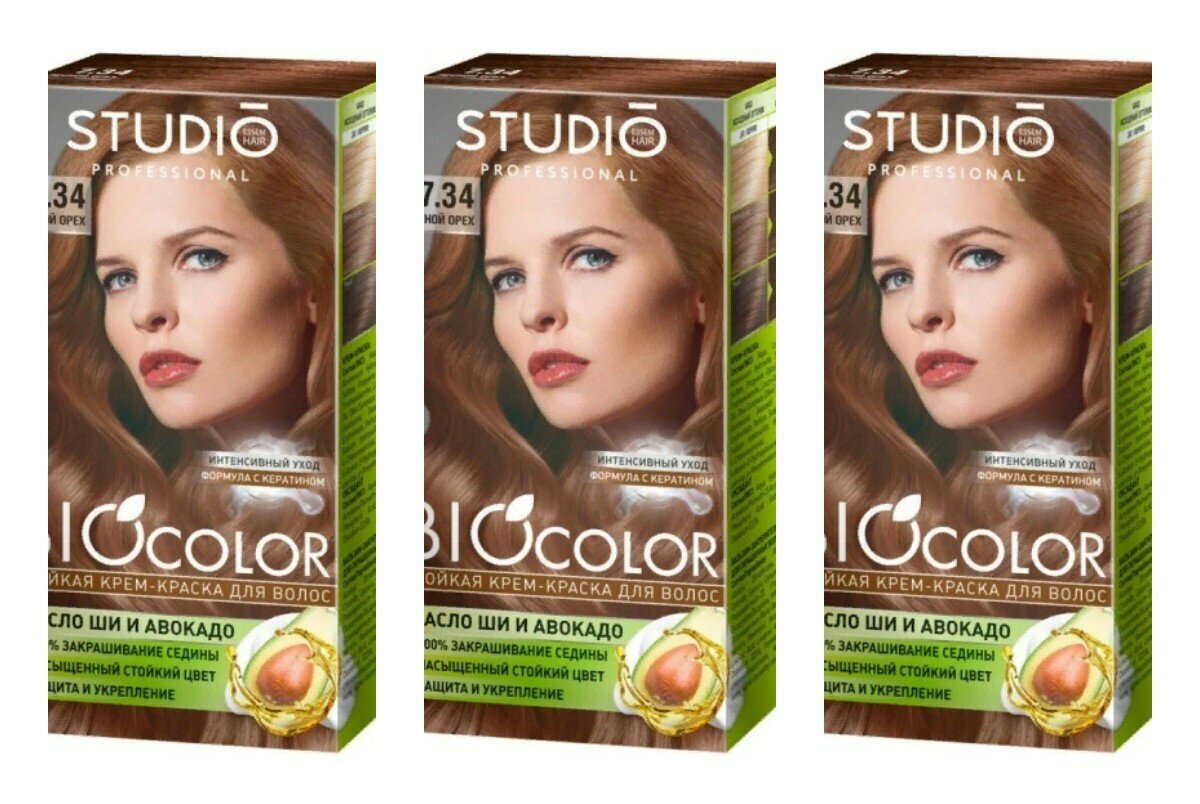 Крем-краска для волос Studio, Professional BioColor, 7.34 лесной орех, 115 мл, 3 шт