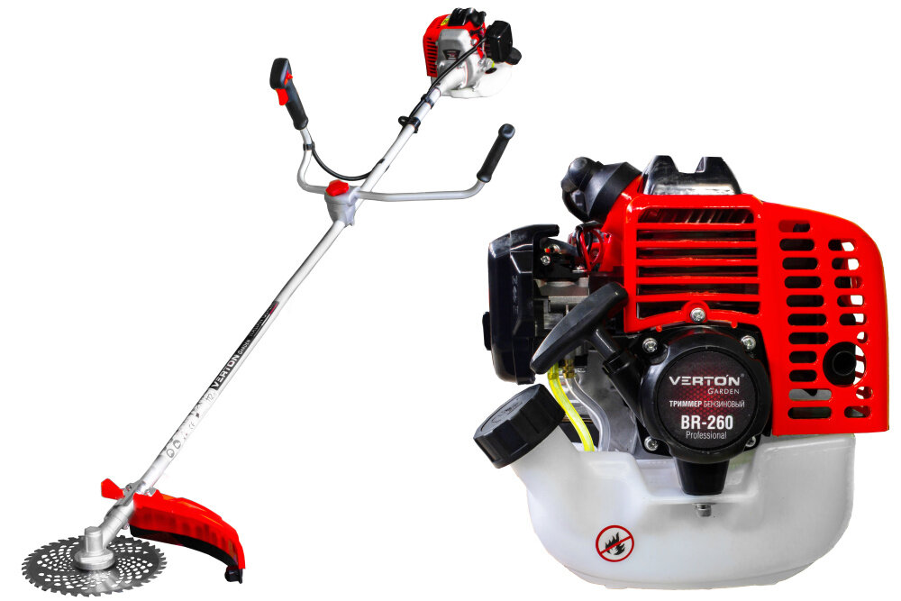 Триммер бенз. VERTON garden BR-260 Professional (V двигателя 26 см3, мощность 1.2 л. с./0.88 кВт, профессиональный ранец, цельная штанга, диск 40т, катушка)