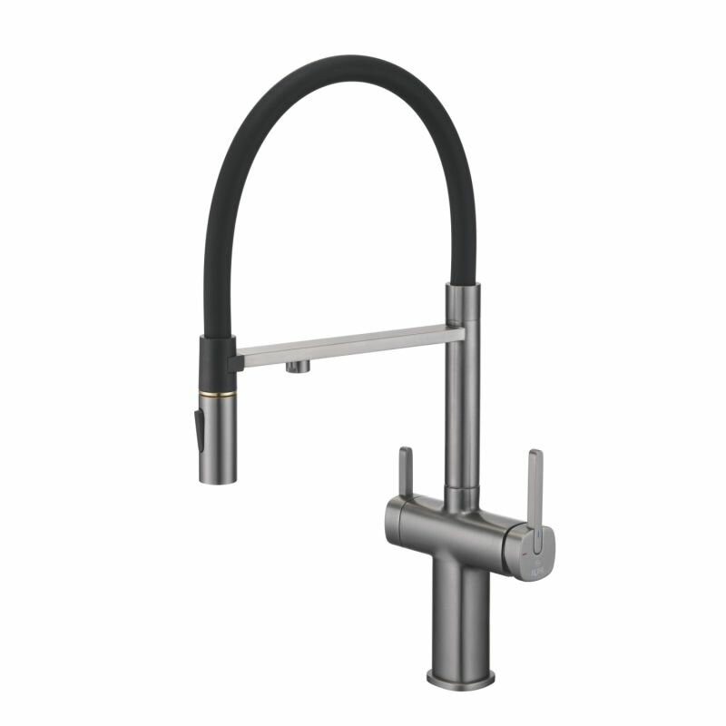 ROSE" Смеситель для кухни с фильтром, с магнитным фиксатором гибкого излива, оружейная сталь R358T