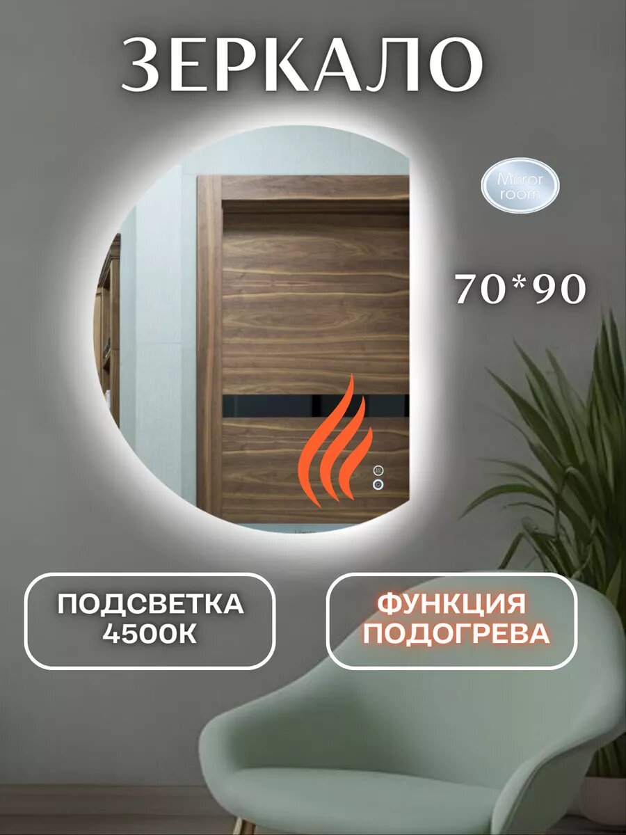 Зеркало настенное с подсветкой 4500К и с подогревом, без рамы