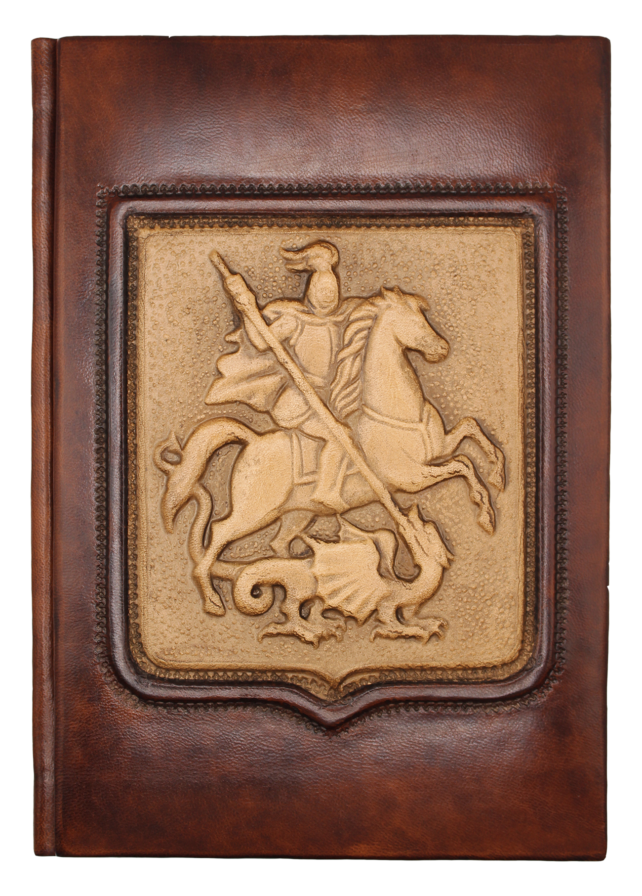Ежедневник с барельефом "Святой Георгий Победоносец" 15х22 см. Темно-коричневый. Сменный блок страниц.