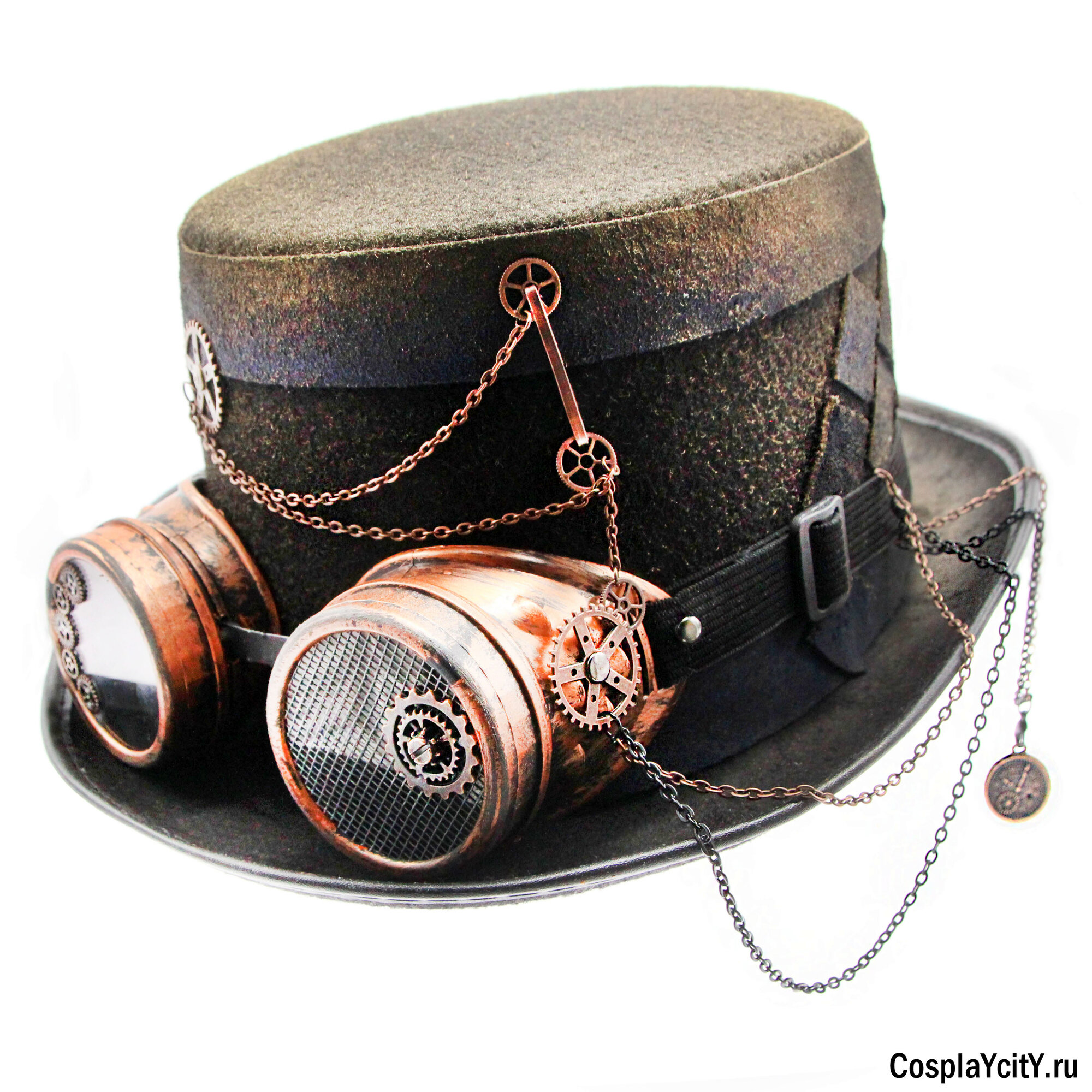 Карнавальная Стимпанк шляпа цилиндр – состаренная – \ комплектация: шляпа цилиндр и очки гогглы\ – SP88-7\vintage-hat\ L