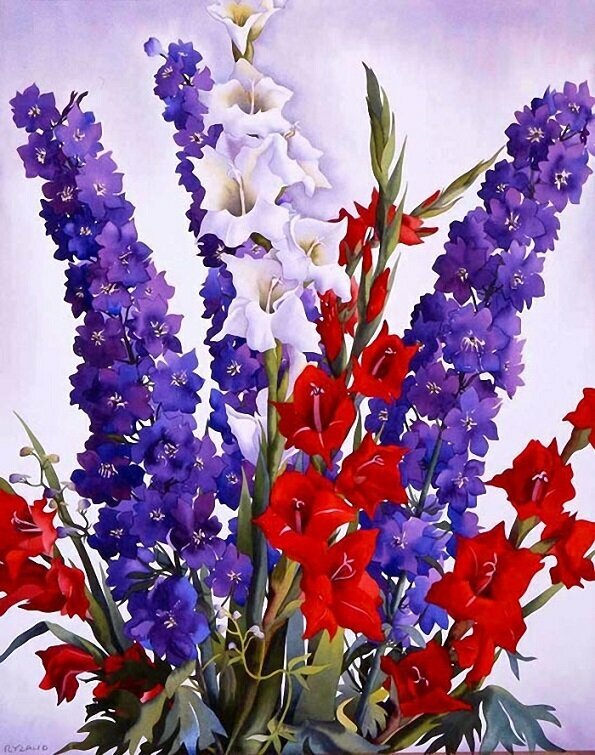Алмазная мозаика на подрамнике/Картина стразами/ Алмазное хобби "Букет цветов. Дельфиниум и гладиолус", 30х40 см, сложность 5, цветов 20/ Komas