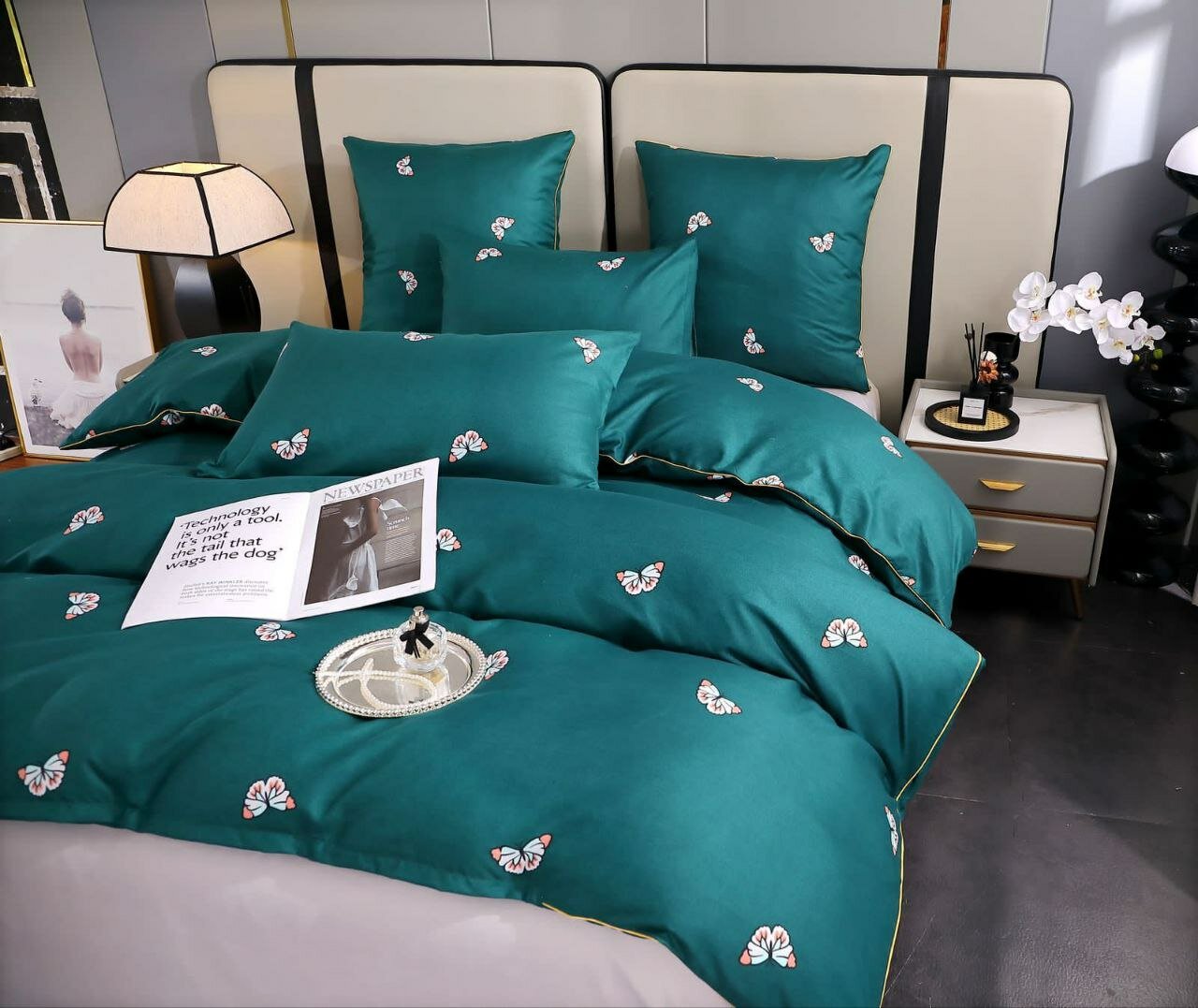 Комплект постельного белья 2 спальный, Хлопок, Бабочки на зеленом
