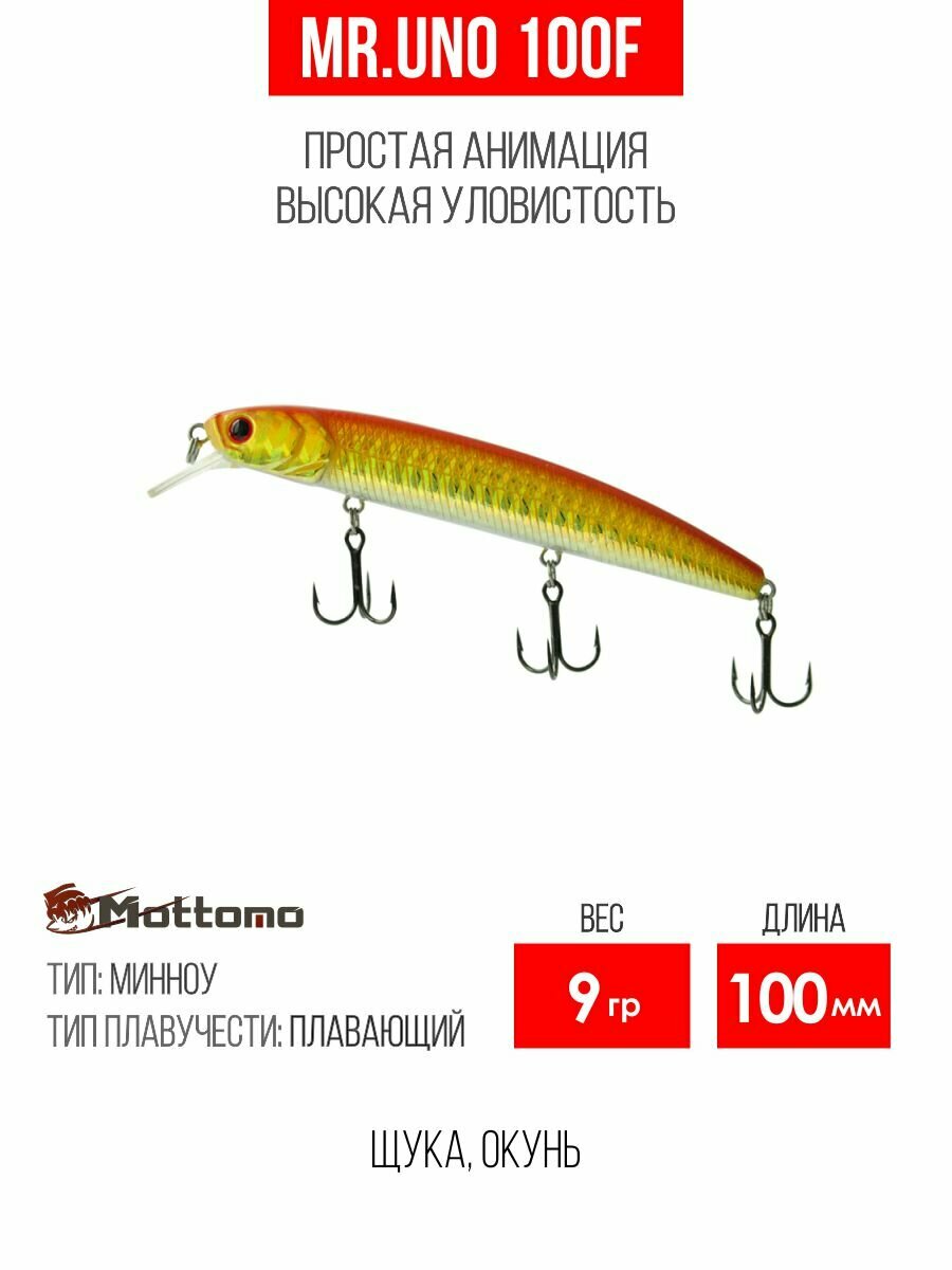 Воблер для рыбалки Mottomo Mr.Uno 100F 9g минноу плавающий для спиннинга, кастинга, твичинга. Приманка на щуку, судака.