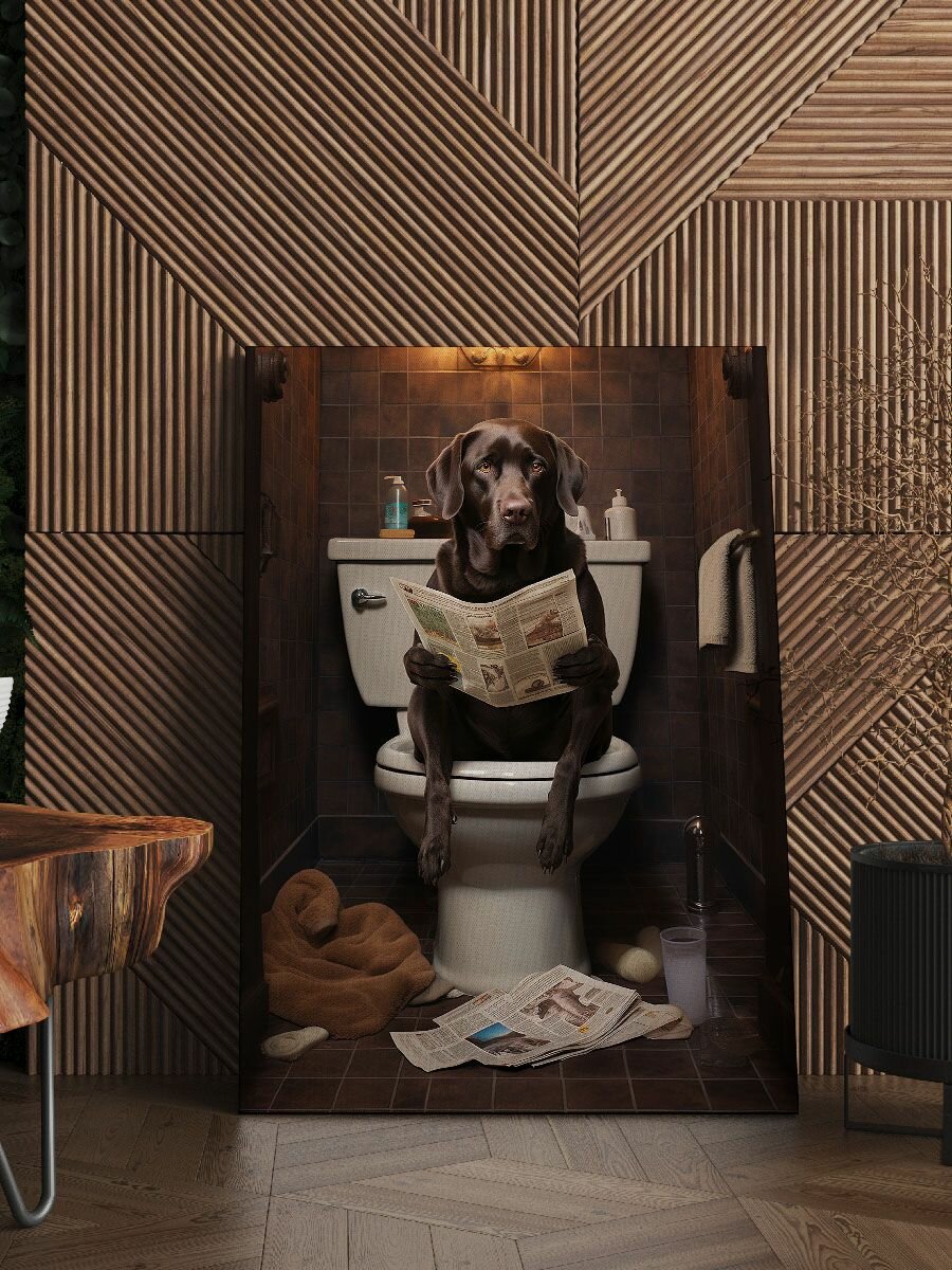 Картина на стену 60х80 Собака смешная с газетой в туалете