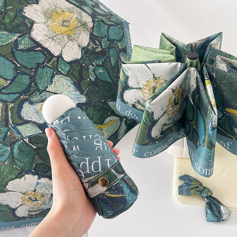 Японский и корейский автоматический зонт для женщин, свежий цветочный дизайн, зонт для защиты от солнца, двойное использование для солнца и дождя, черное покрытие, 50% off зонтов