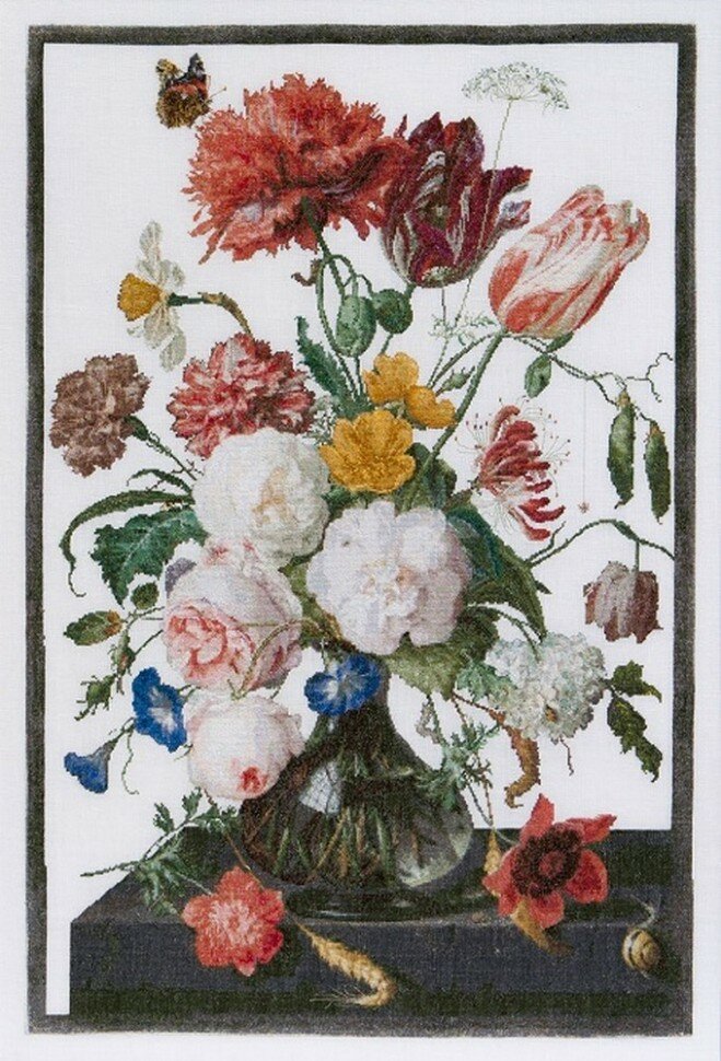 Набор для вышивания Thea Gouverneur #785A Still Life with Flowers in a glass Vase, 1650-1683, Jan Davidsz. De Heem (Натюрморт с цветами в стеклянной вазе), Счетный крест, 72 x 49 см