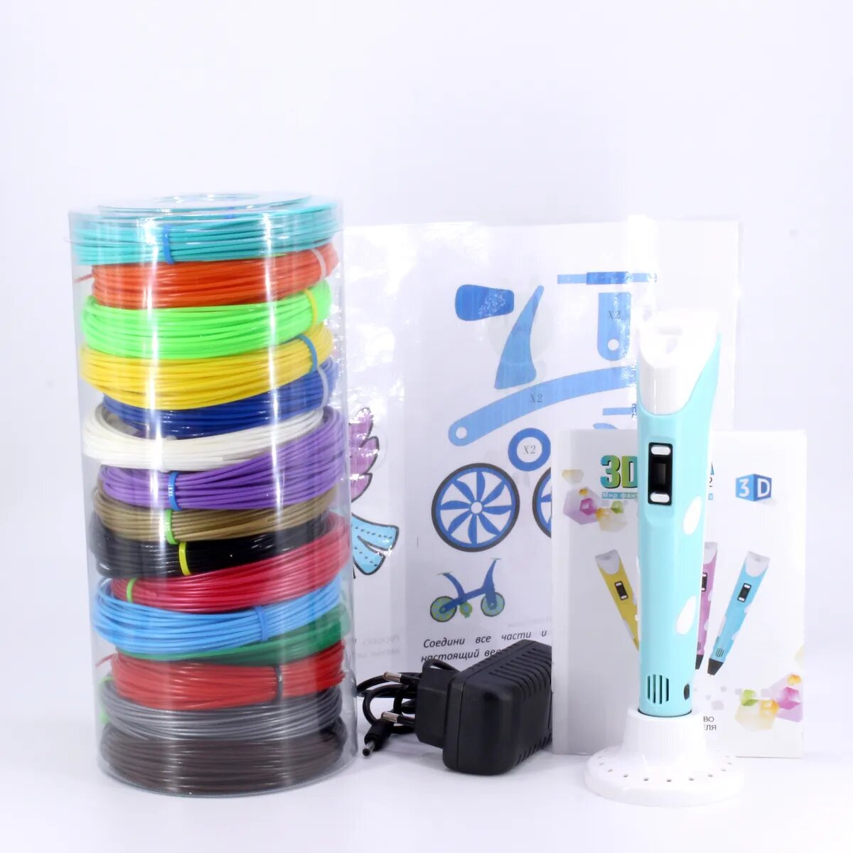 Набор в тубусе: 3Д ручка голубая НИТ-Pen2 + PLA пластика для 3Д ручки "НИТ" из 15 цветов + 4 тр