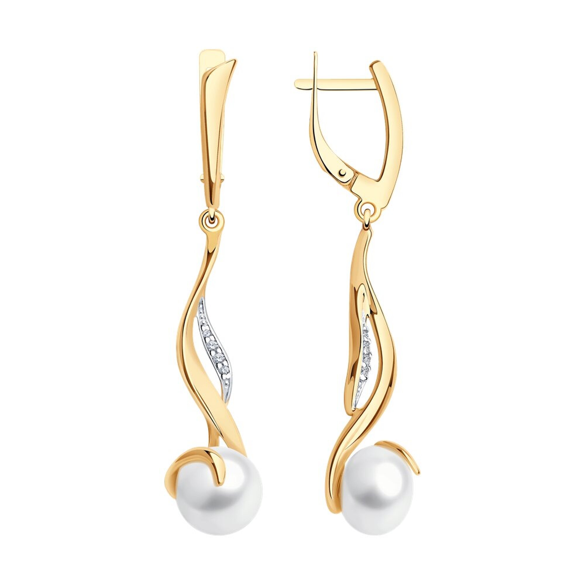 Серьги, серебро, 925 проба, золочение, фианит, жемчуг