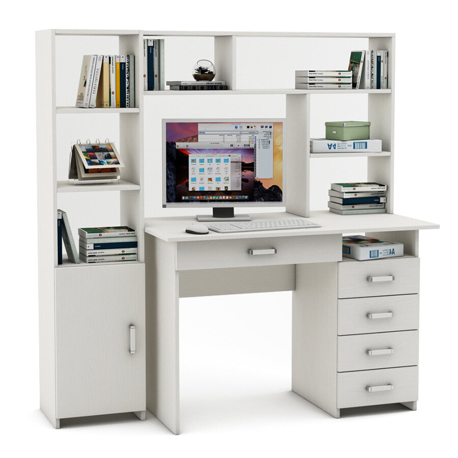 Стол письменный, компьютерный для школьника Лайт (Ньюкасл) 5Я, с надстройкой, 145х60х149,2 см, белое дерево