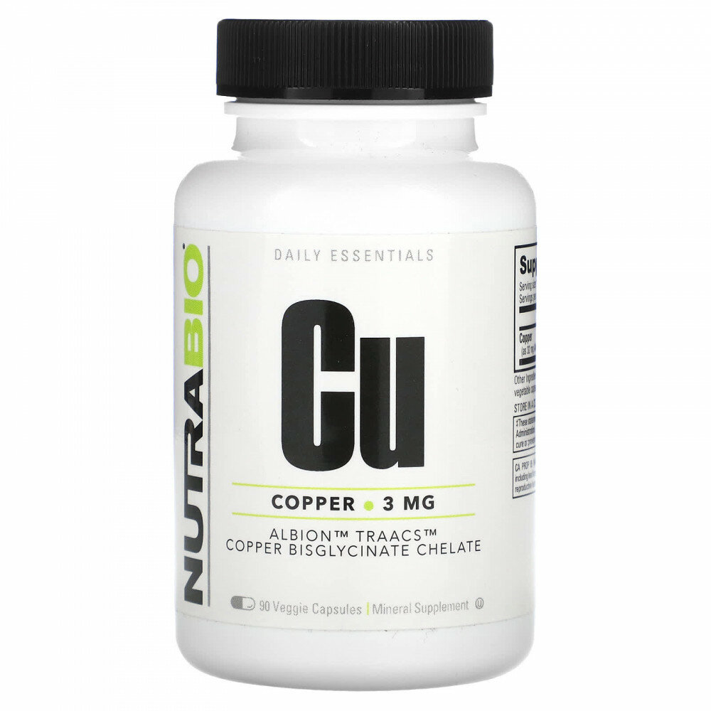 NutraBio, хелатный бисглицинат меди, 3 мг, 90 растительных капсул