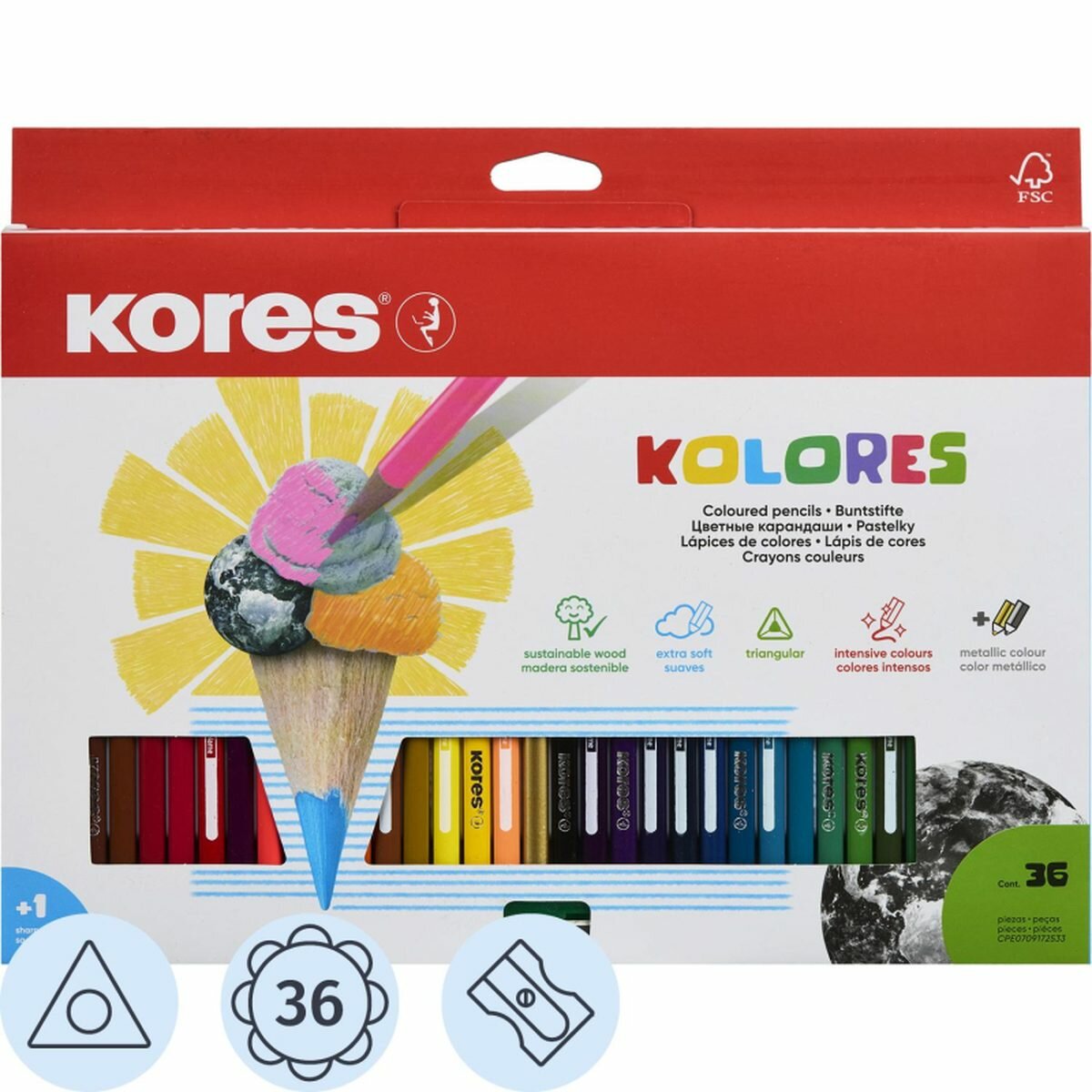 Карандаши цветные 36 цветов Kores Kolores (L=175мм, D=6.9мм, d=2.9мм, 3гр) + точилка (93336.01), 32 уп.