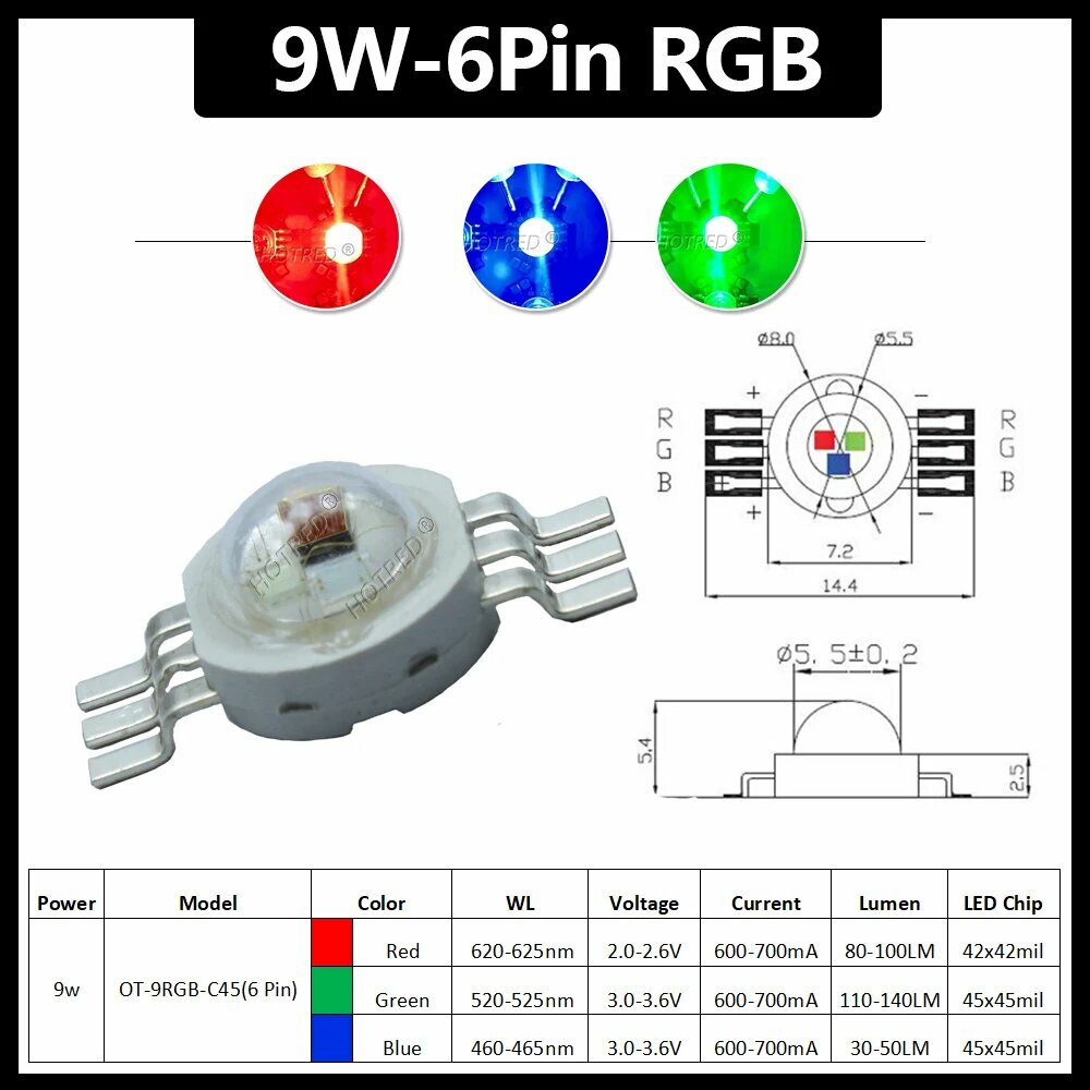 9W RGB LED 6pin, 10шт